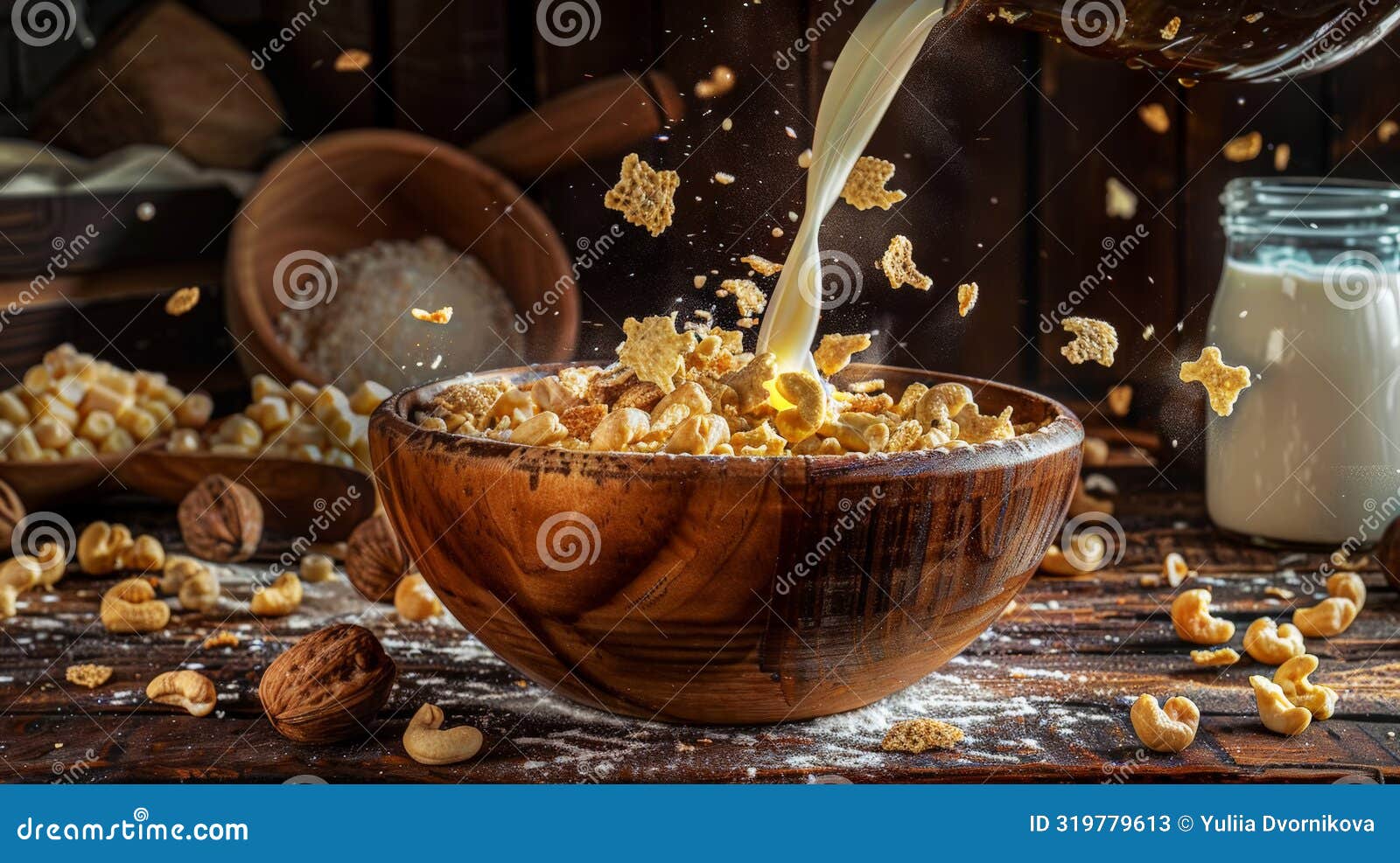 Milk Is Poured In Cornflakes In Wooden Bowl. Exploding Of Cornflakes ...