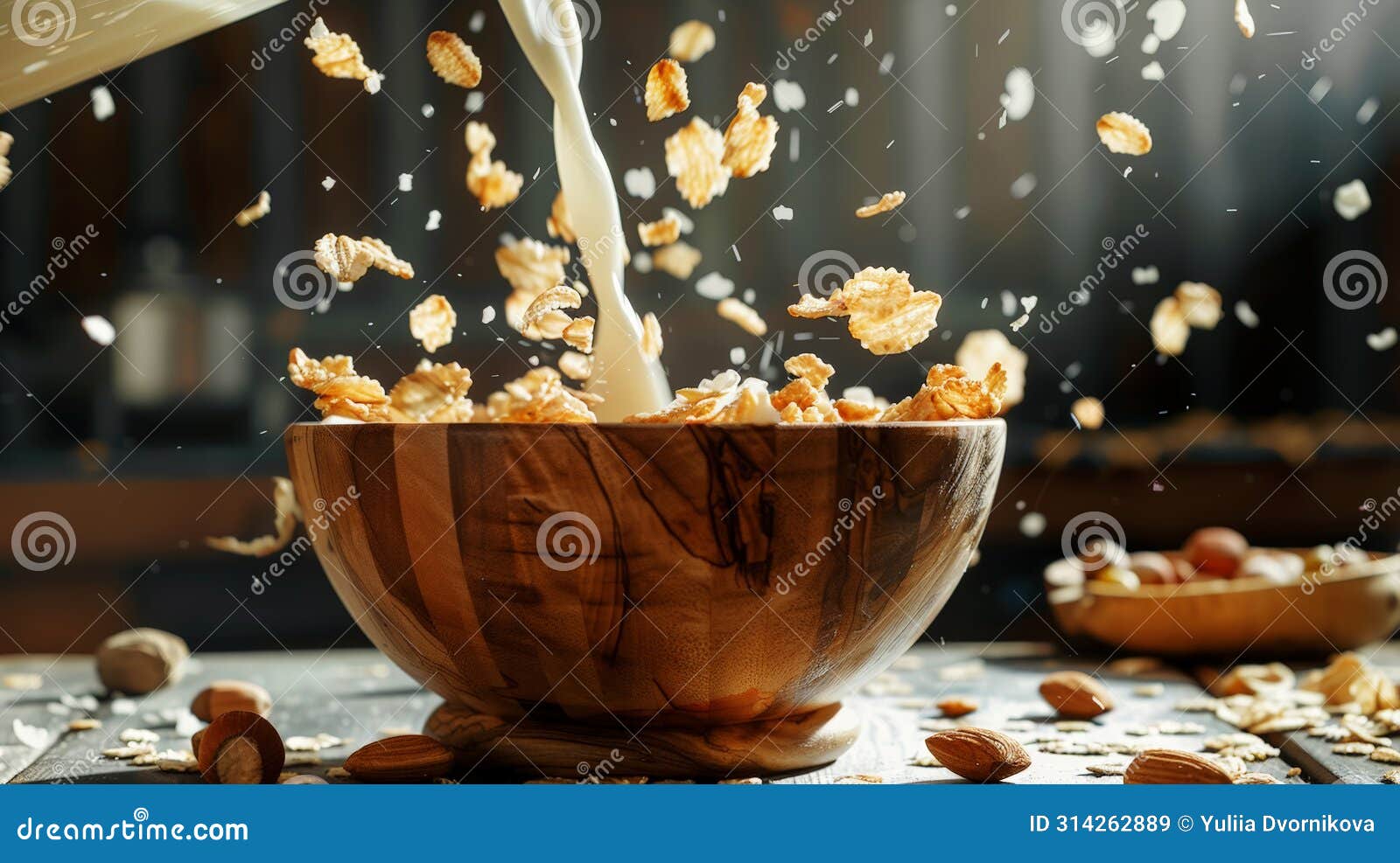 Milk is Poured in Cornflakes in Wooden Bowl. Exploding of Cornflakes ...
