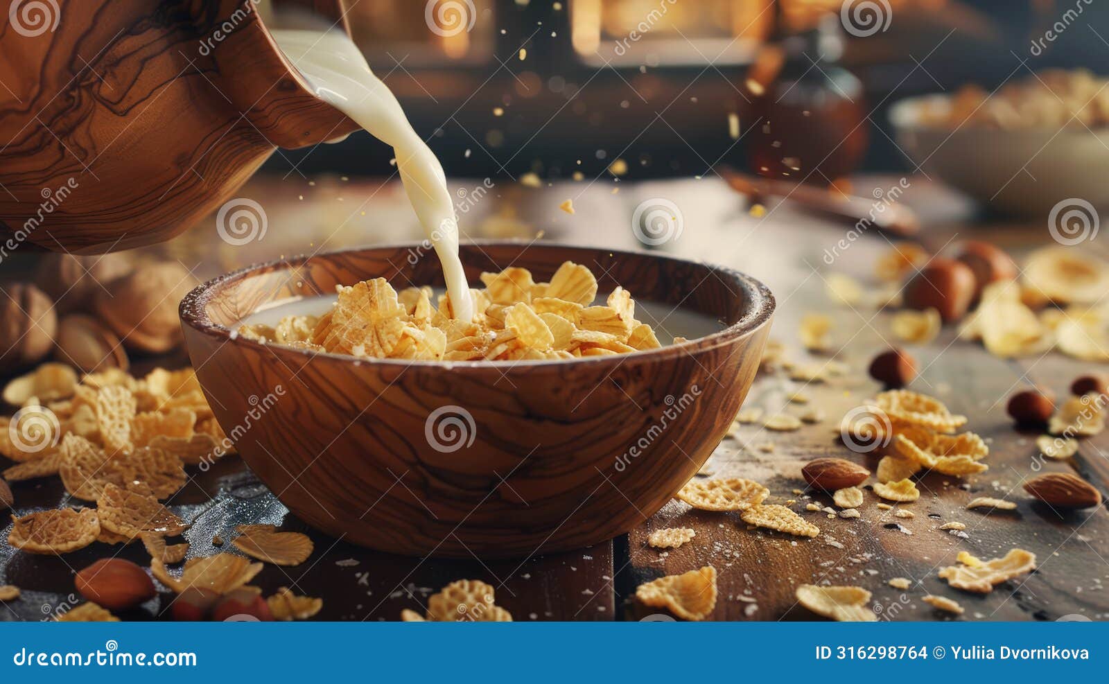 Milk is Poured in Cornflakes in Wooden Bowl. Exploding of Cornflakes ...