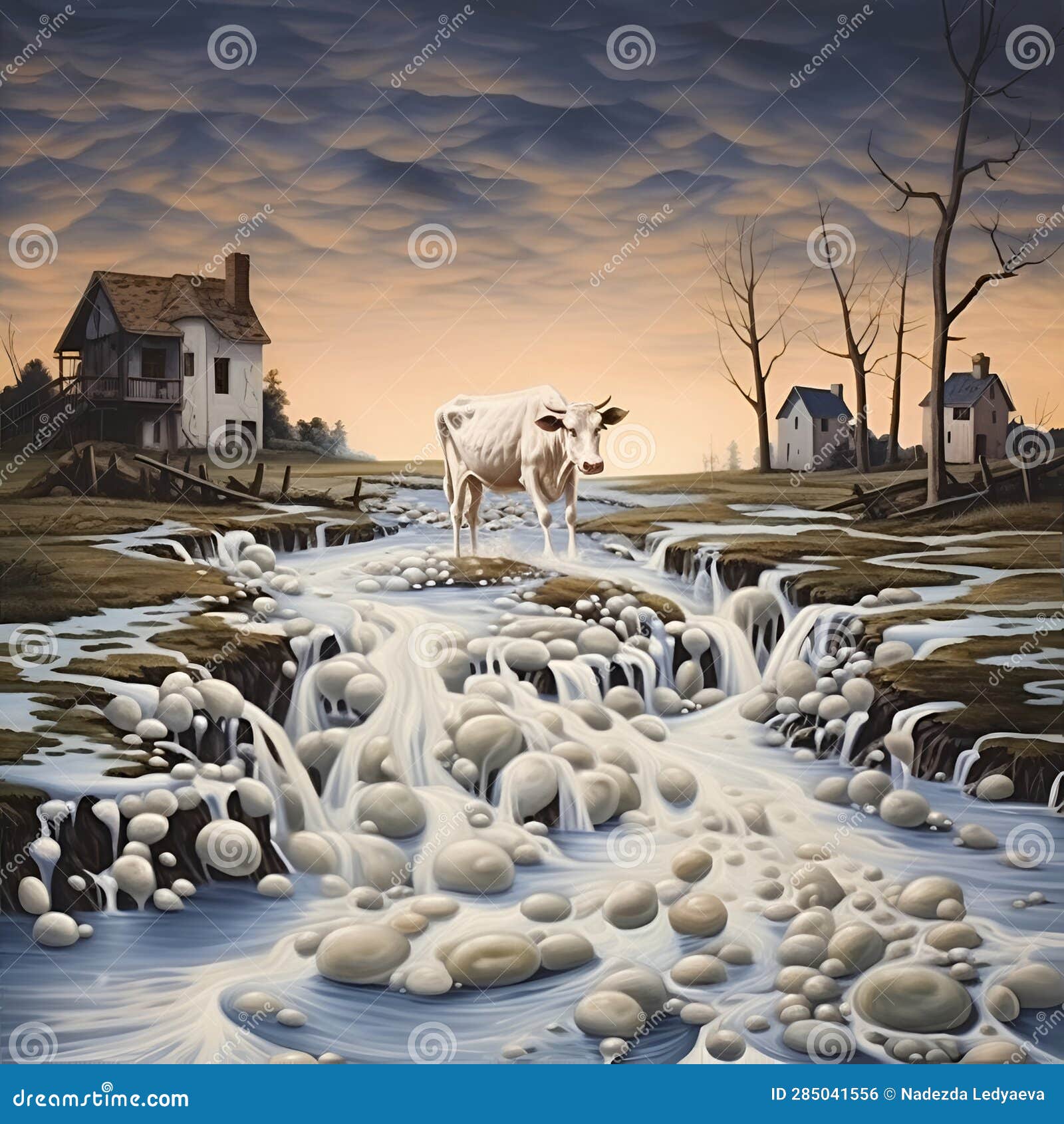Milk Poured into a River Next To a Village. Stock Illustration ...