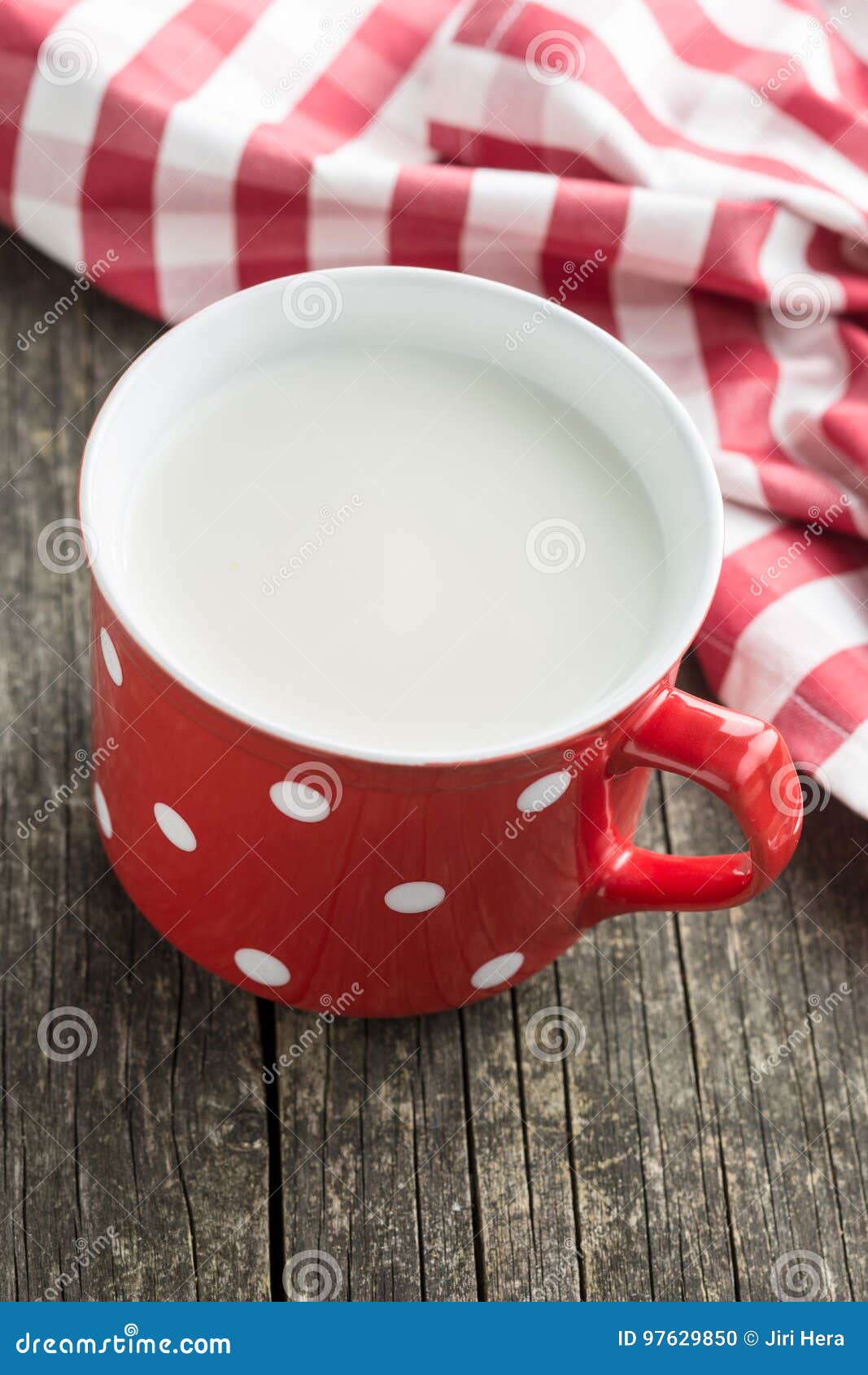 Milk in Red Mug with White Spots. Stock Photo - Image of breakfast ...