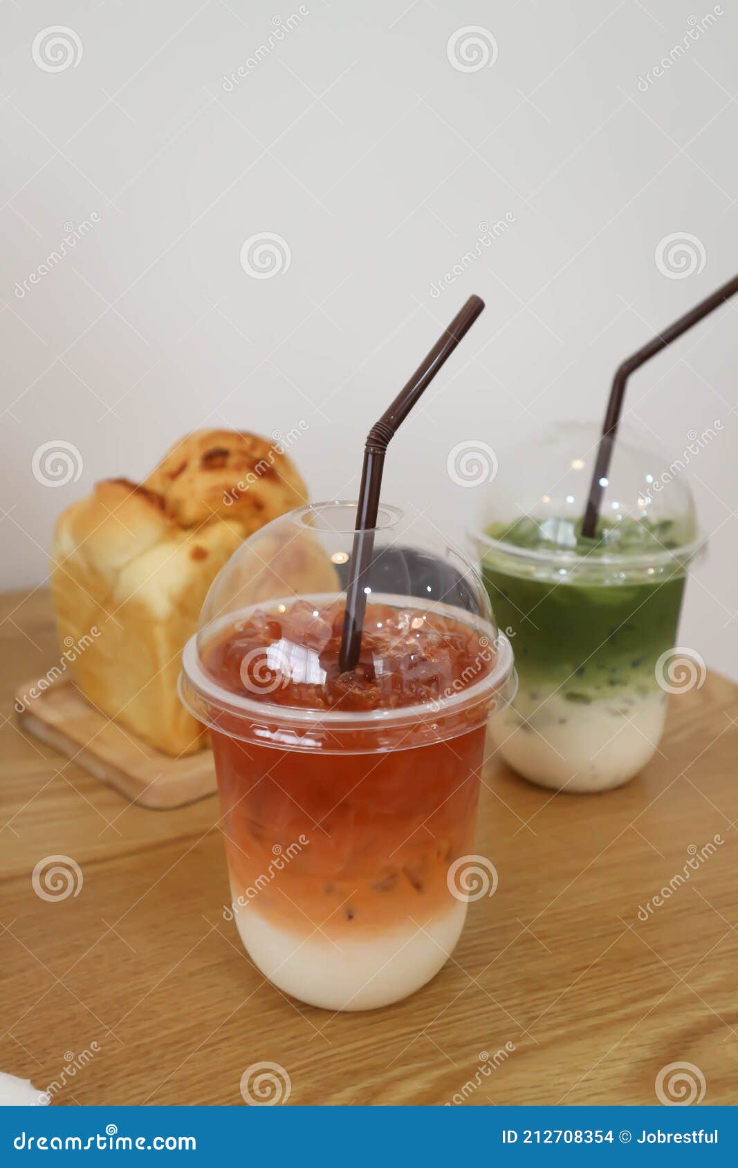 Milk Tea, Green Tea and Bread Stock Photo - Image of park, delivery ...