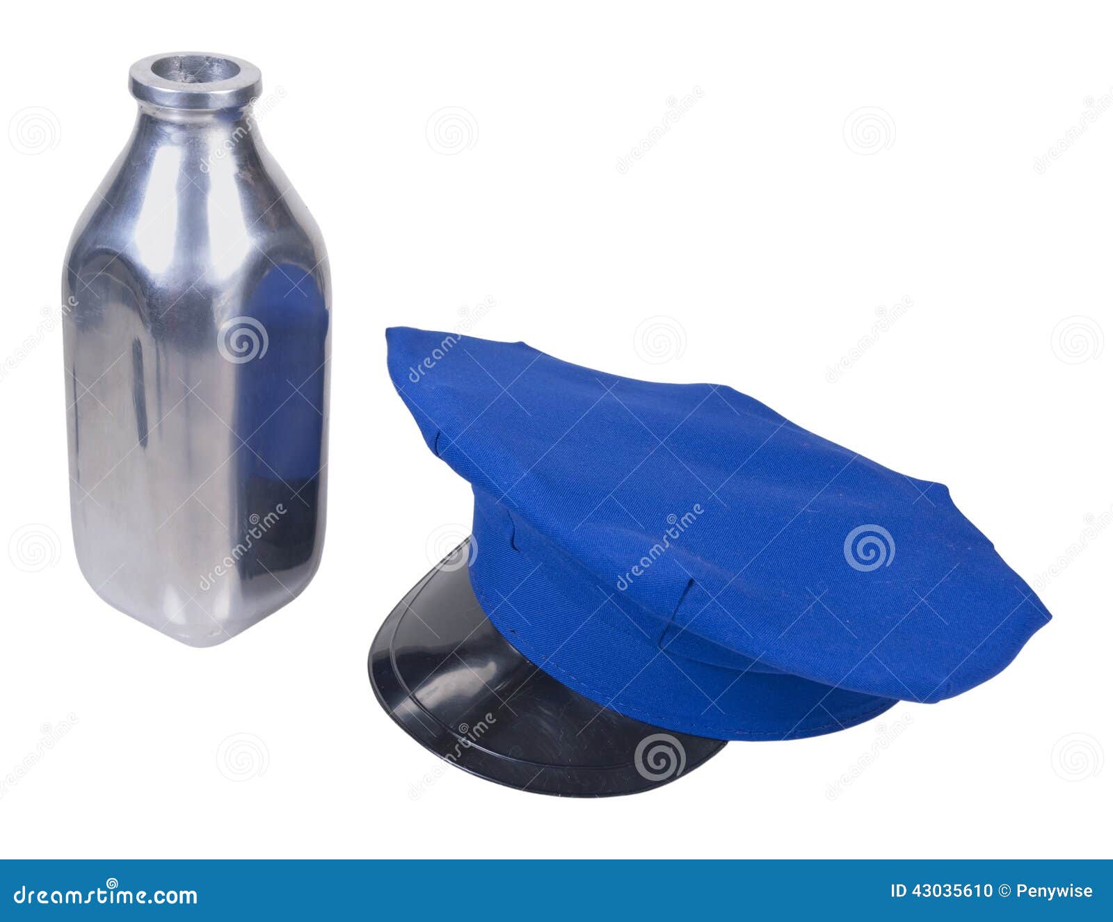 Milkman Hat and Silver Milk Bottle Stock Photo - Image of milk, blue ...