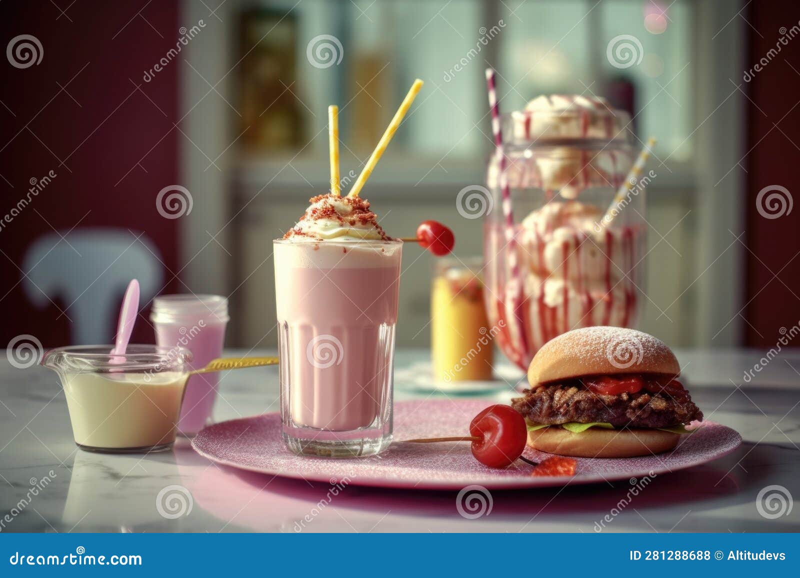 Milkshake and Burger Served on a Diner Table Stock Illustration ...