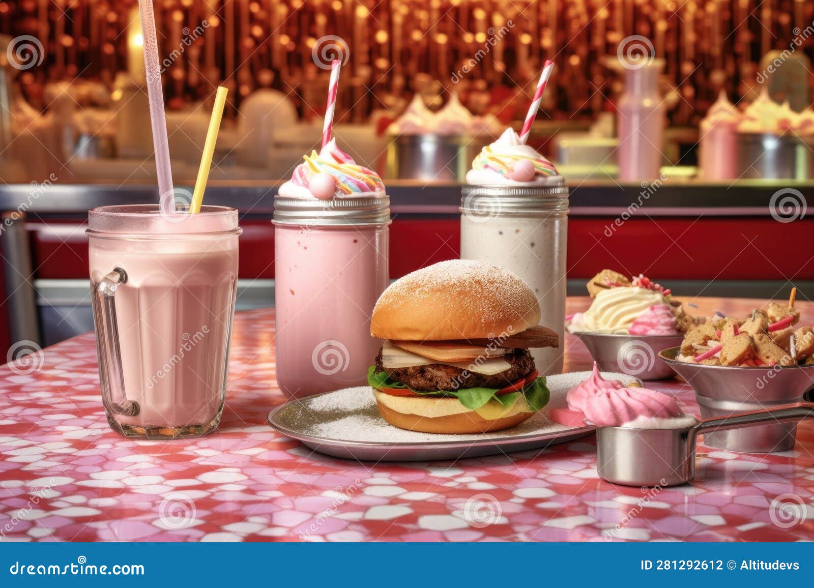 Milkshake and Burger Served on a Diner Table Stock Illustration ...