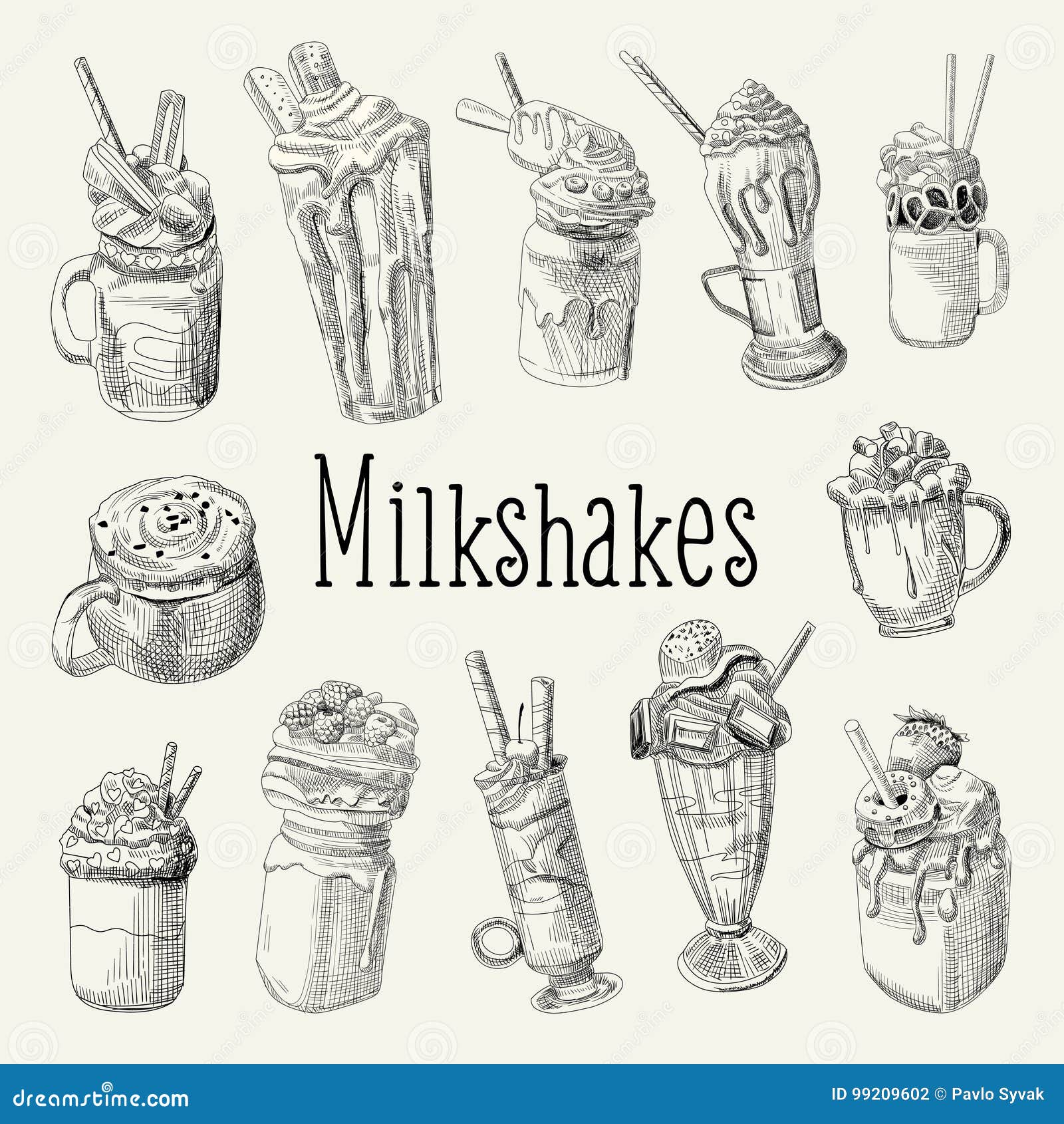 Milkshake and Ice Cream Hand Drawn Doodle. Dessert Drinks Isolated on ...