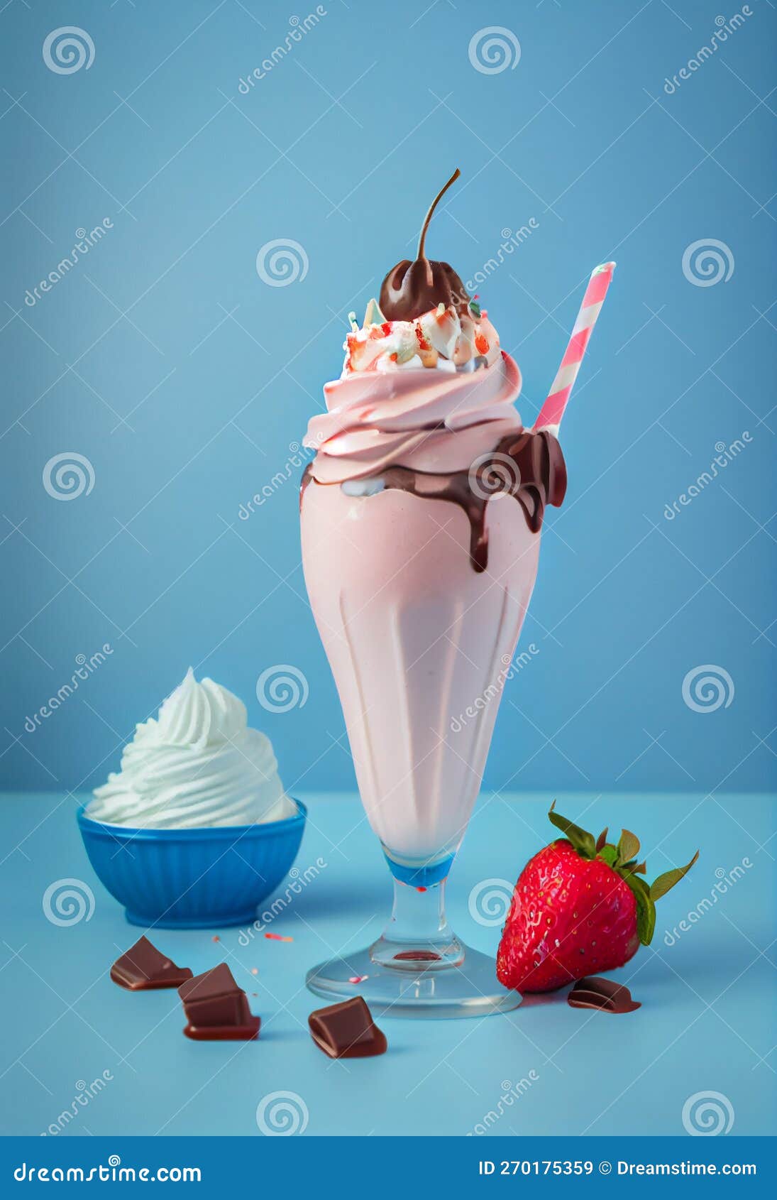 Milkshake with Whipped Cream and Chocolate on Blue Pastel Background ...