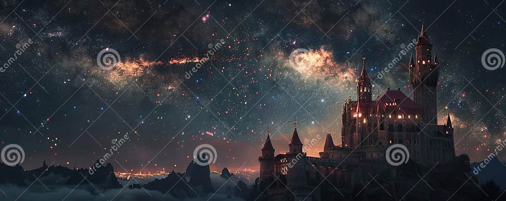 Milky Way and Meteor in the Castle. Stock Photo - Image of view ...