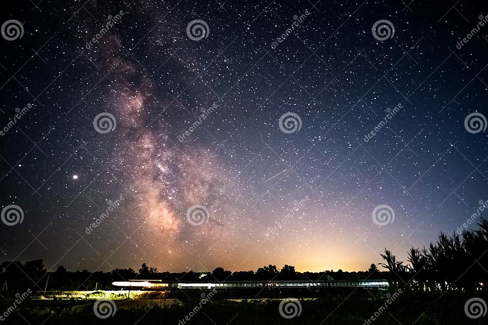 Milky Way Over Express Train at Night Sky Stock Photo - Image of star ...