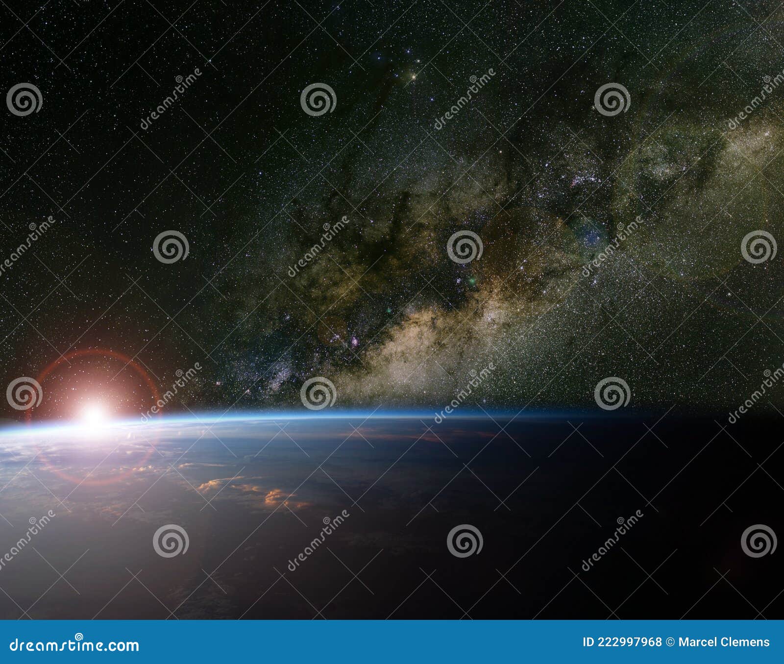 The Milky Way and the Setting Sun from Low Earth Orbit Stock Photo ...
