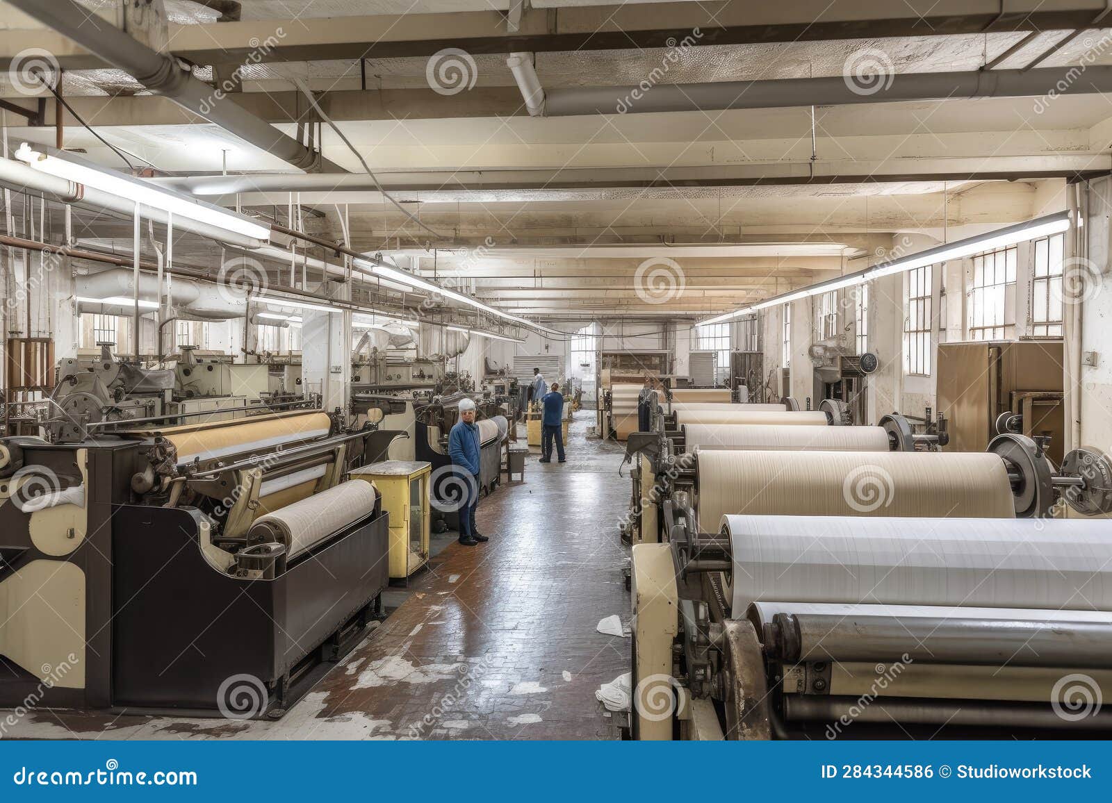 A Mill S Room with Rows of Machines and Workers Producing Paper Stock ...