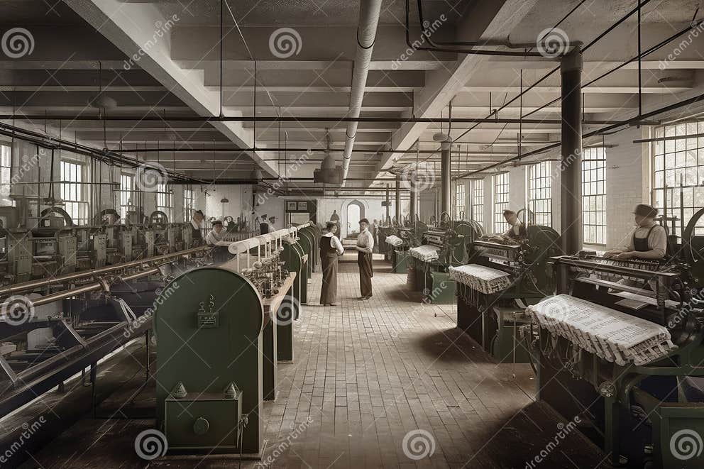 A Mill S Room with Rows of Machines and Workers Producing Paper Stock ...