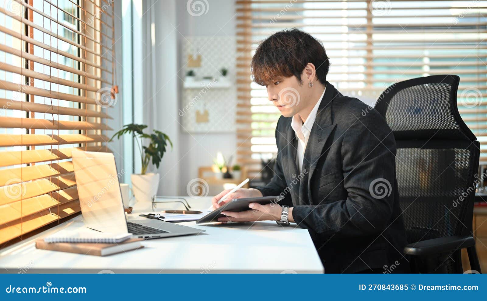 Millennial Asian Man Manager in Suit Using Laptop and Planning Work ...