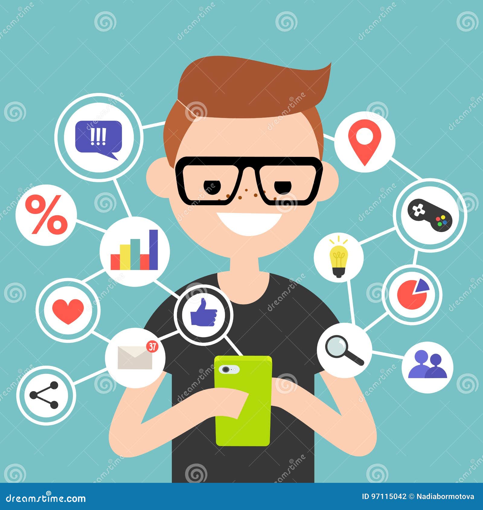 Millennial Consuming Online Content on Mobile Device / Flat Edit Stock ...