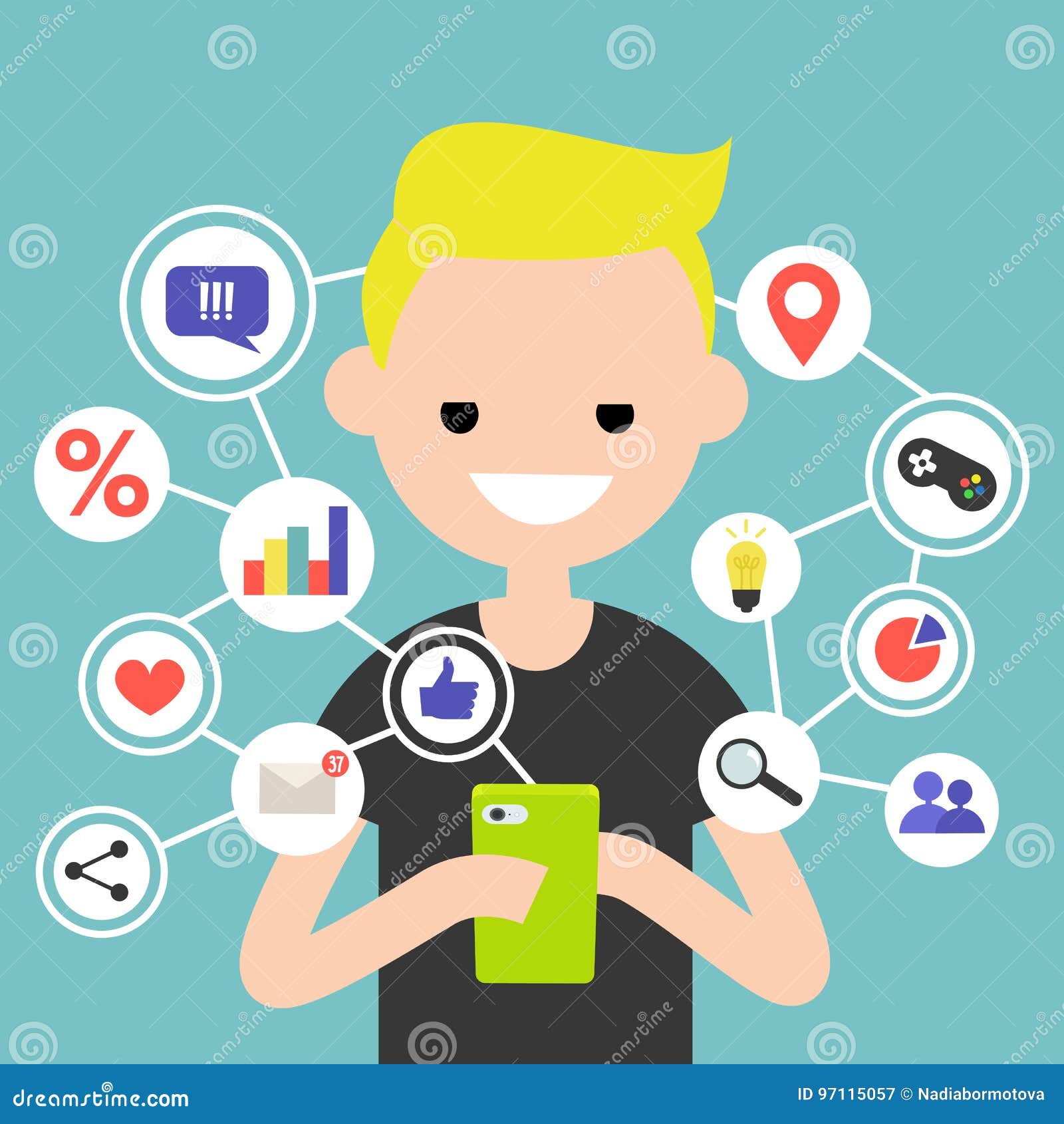 Millennial Consuming Online Content on Mobile Device / Flat Edit Stock ...