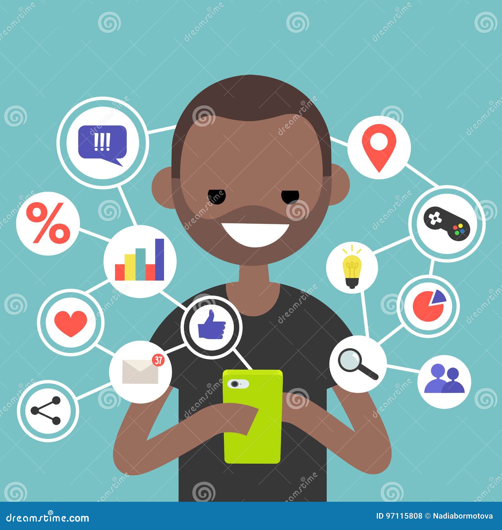 Millennial Consuming Online Content on Mobile Device / Flat Edit Stock ...