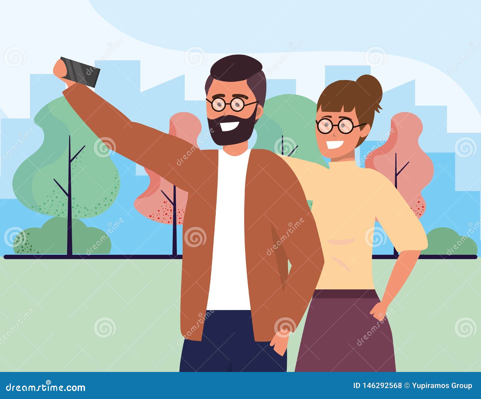 Millennial Couple Smartphone Taking Selfie Outdoors Background Stock