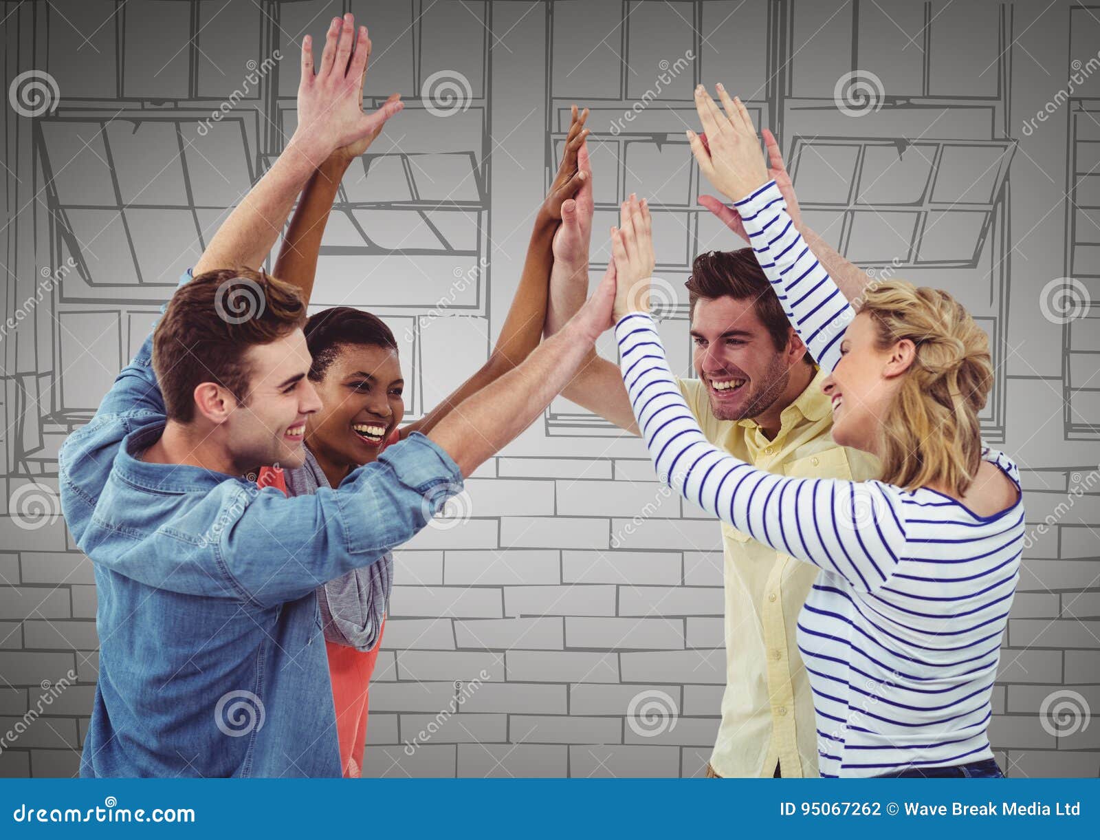 Millennial Team High Fiving Against Grey Hand Drawn Windows Stock ...