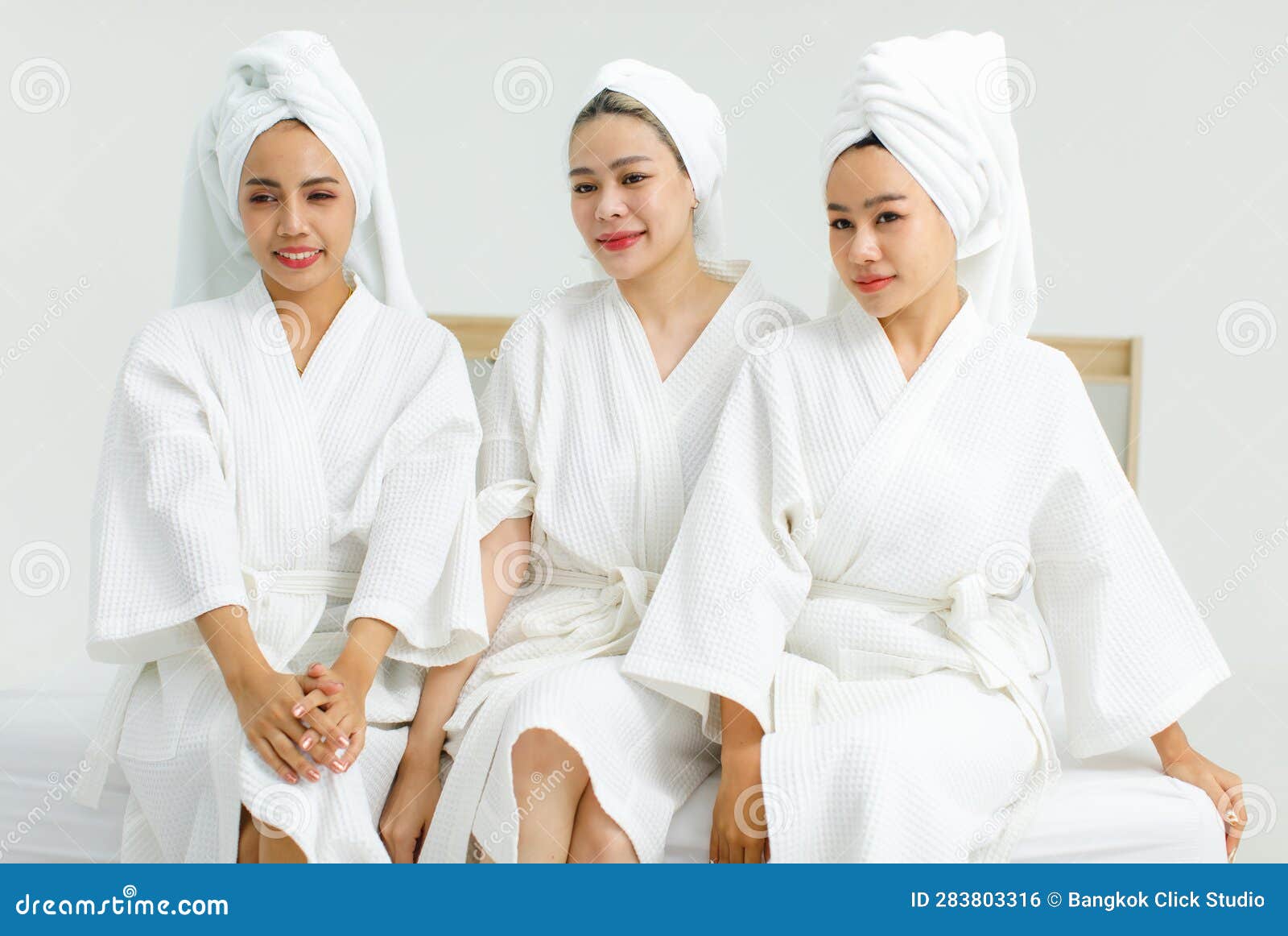 Millennial Three Asian Female Customers Friends In White Clean