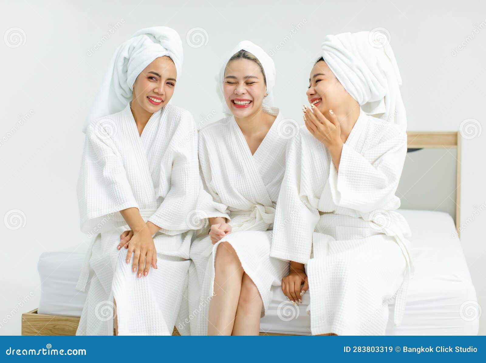 Millennial Three Asian Female Customers Friends In White Clean
