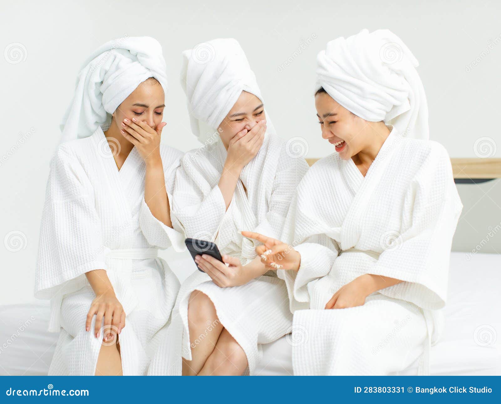 Millennial Three Asian Female Customers Friends In White Clean