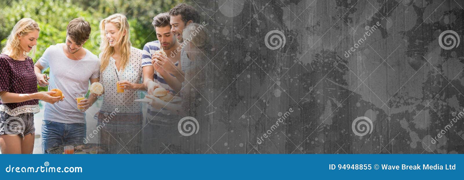 Millennials Laughing and Eating at Bbq with Grey Cardboard Transition ...