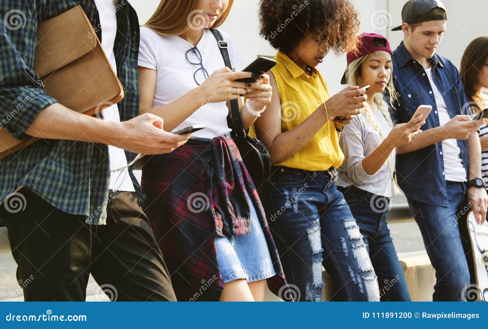 Millennials Using Smartphones Outdoors Diversity Stock Photo - Image of ...