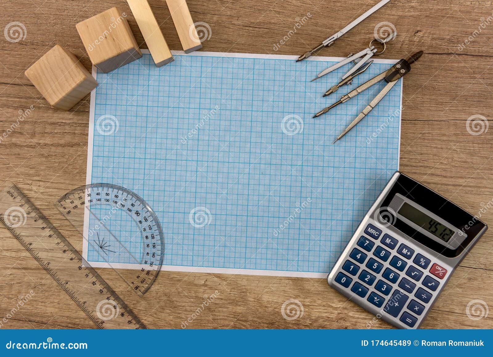 Millimeter Paper with Draw Tools and Wooden Blocks Stock Image - Image ...