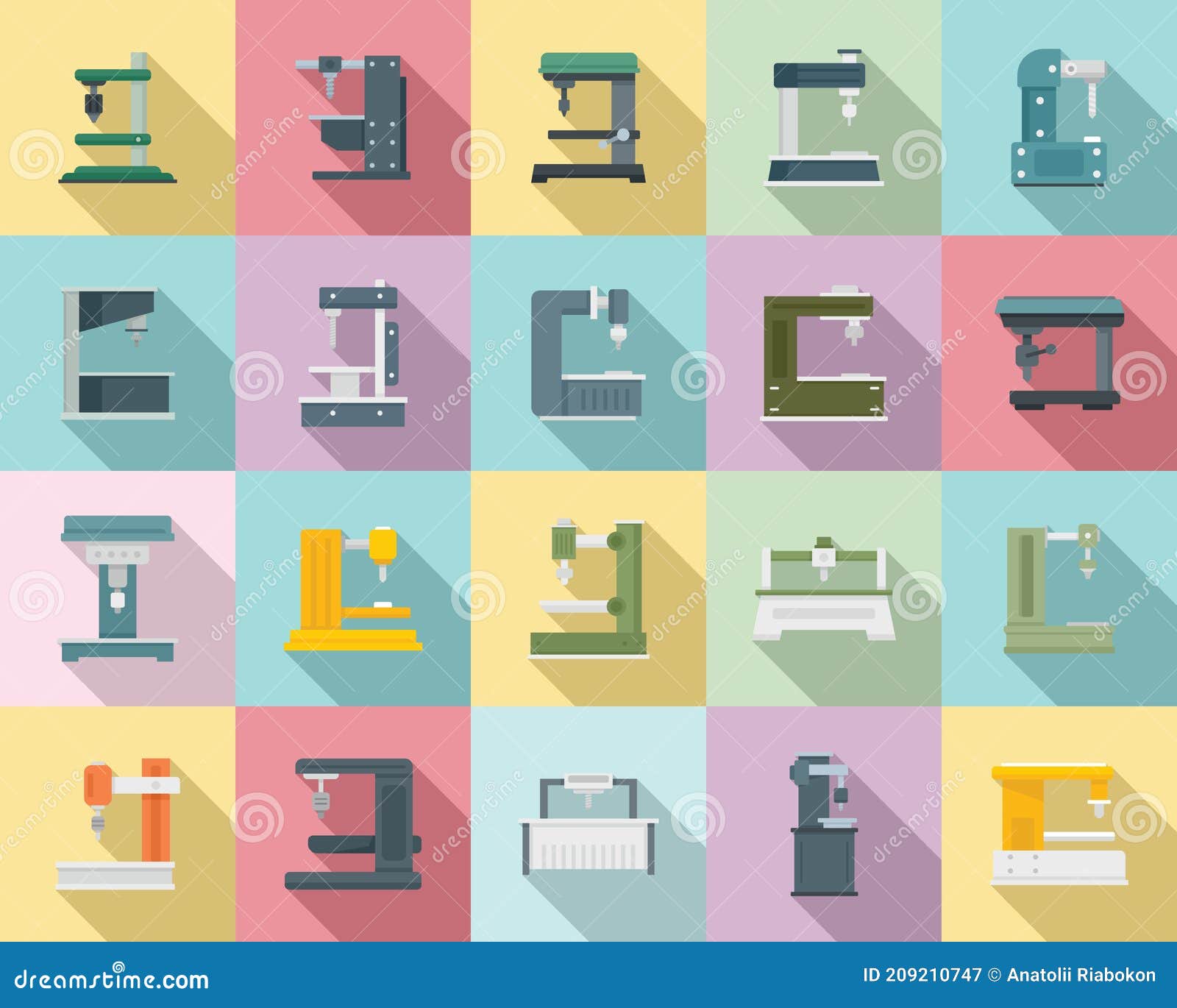 Milling Machine Icons Set, Flat Style Stock Vector - Illustration of ...