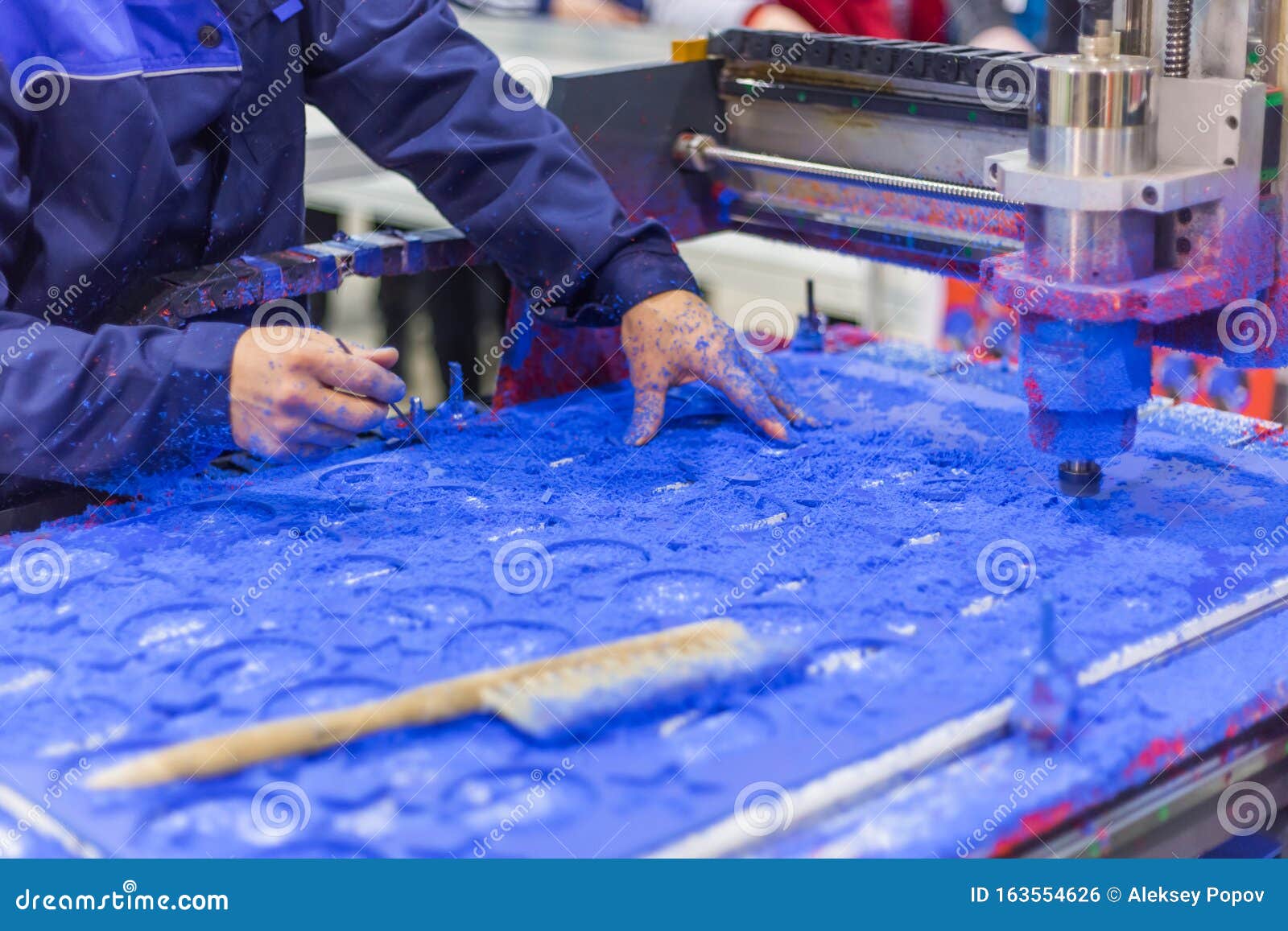 Milling Machine during Work with Blue Plastic Material at Technology ...