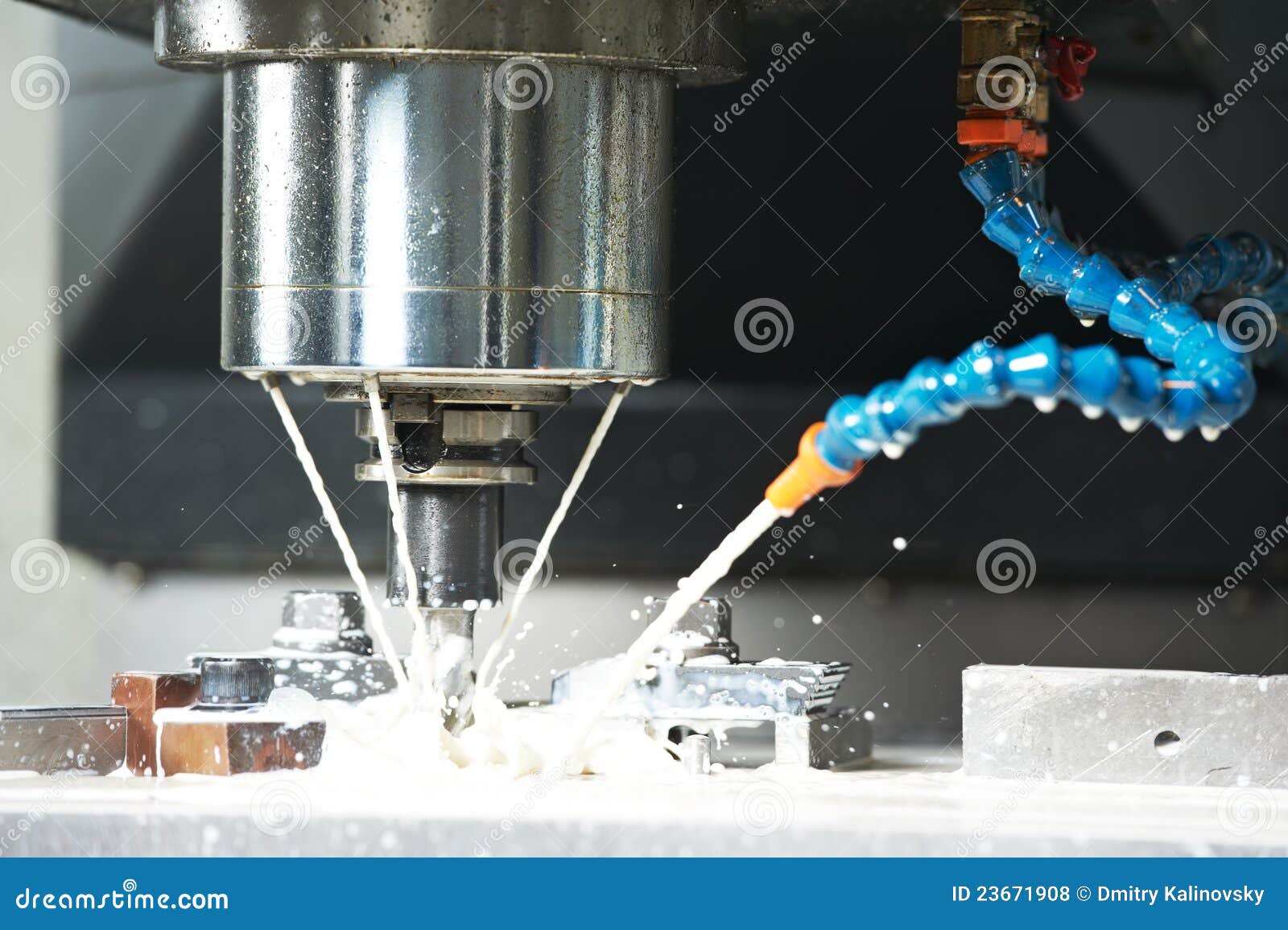 Metal Blank Machining Process On Lathe With Tools And Coolant At Steel ...