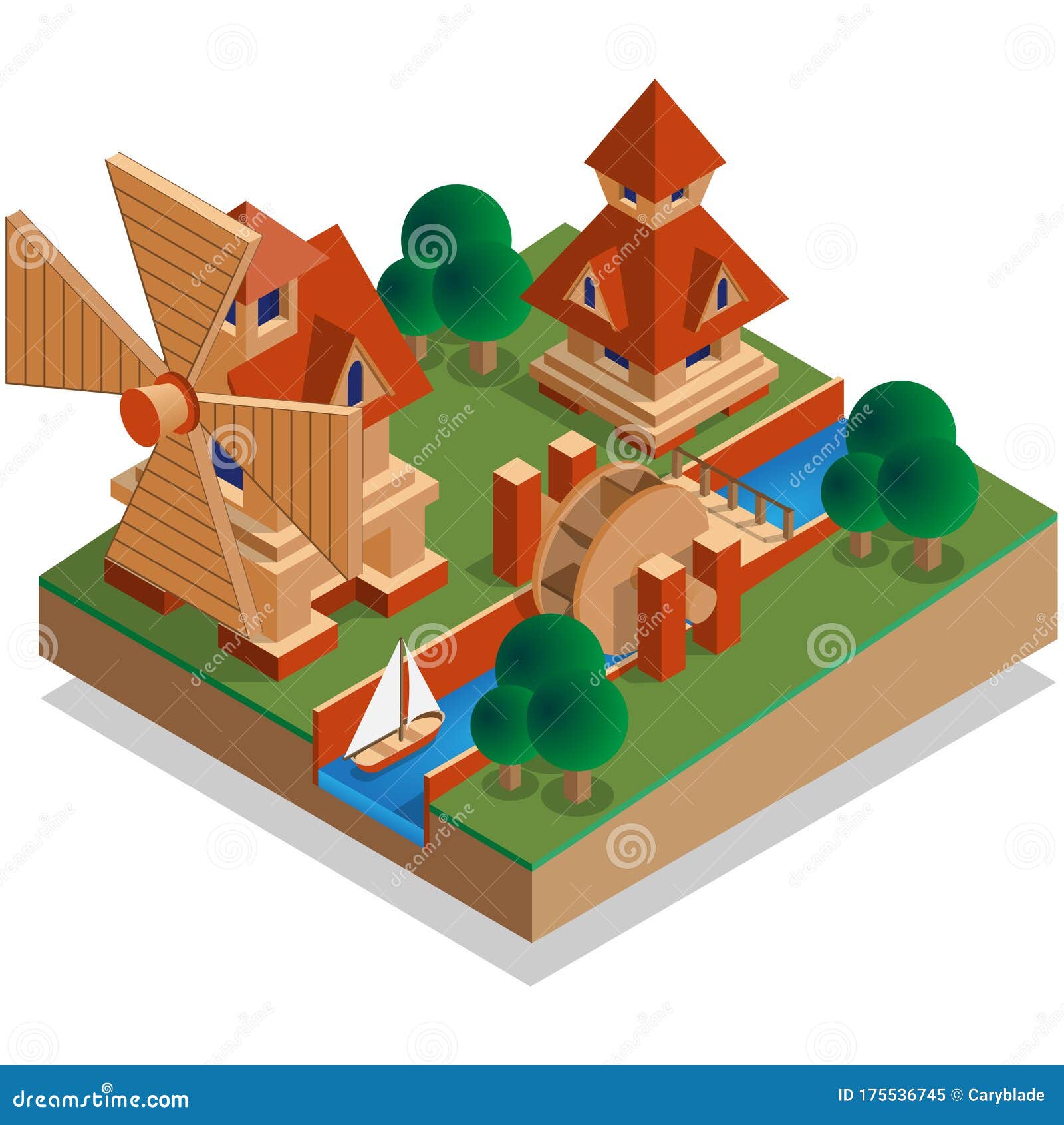 Facade Of Watermill With Rotating Wheel Isolated On White Background ...