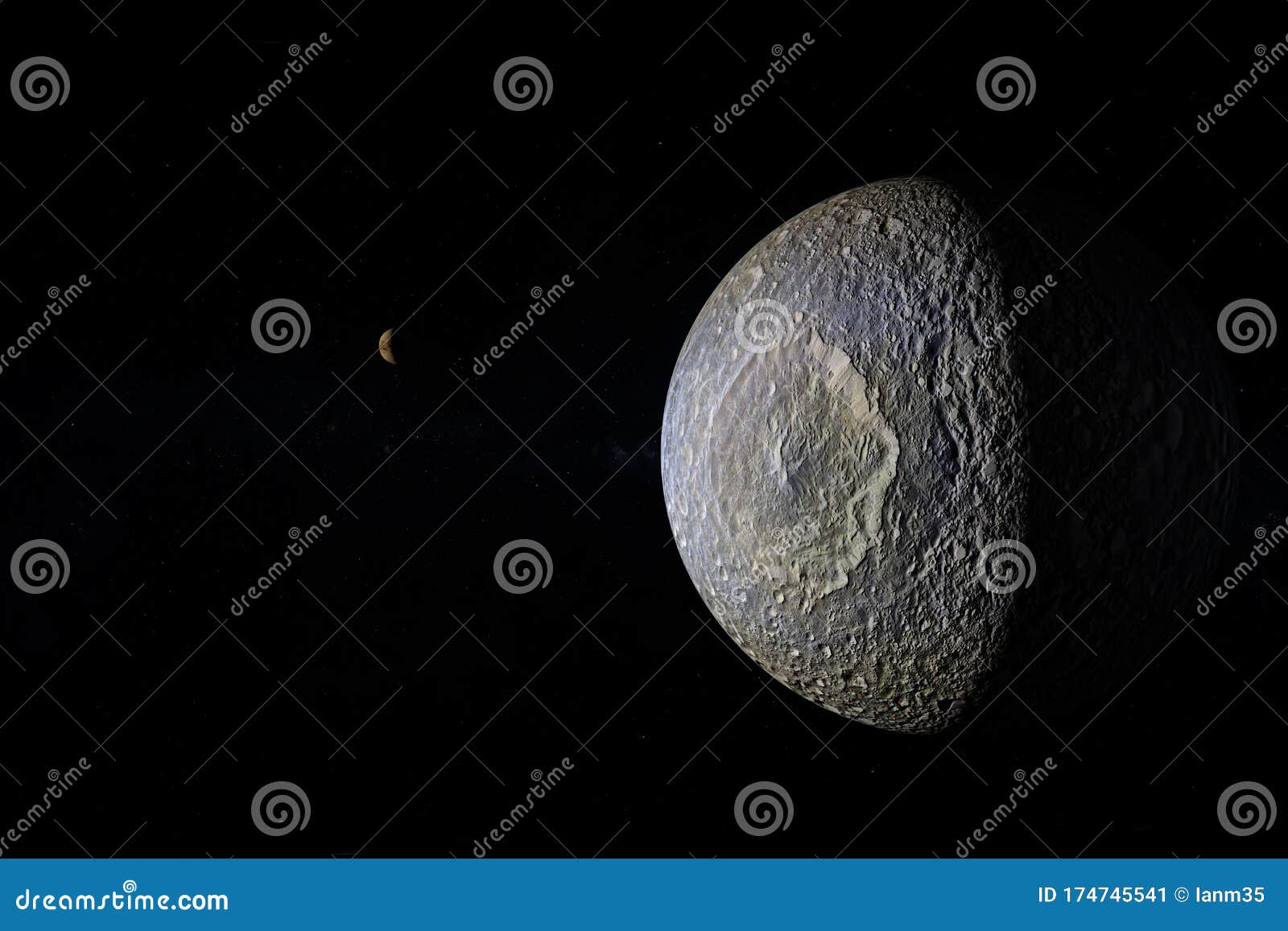 Mimas Satellite, Saturn`s Moon, Orbiting in the Outer Space. 3d Render ... Mimas Satellite, Saturn`s Moon, Orbiting in the Outer Space. 3d Render ...
