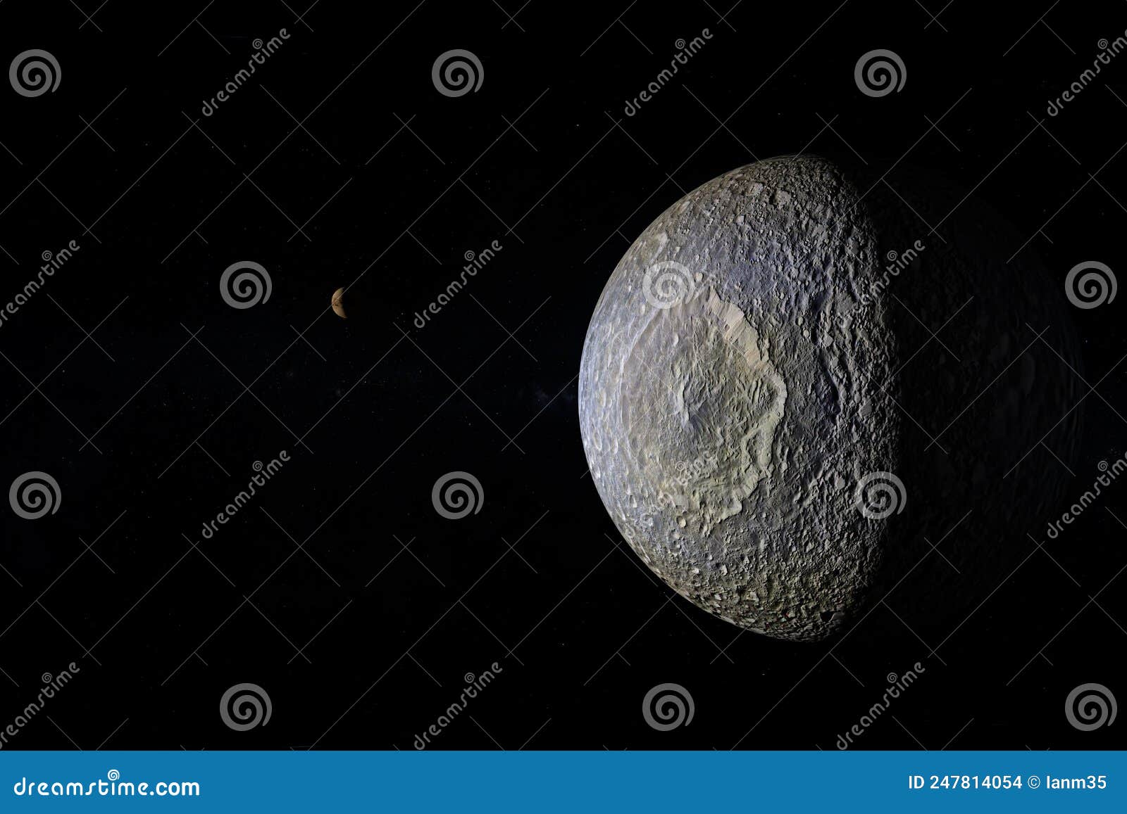 Mimas Satellite, Saturn`s Moon, Orbiting in the Outer Space. 3d Render ...