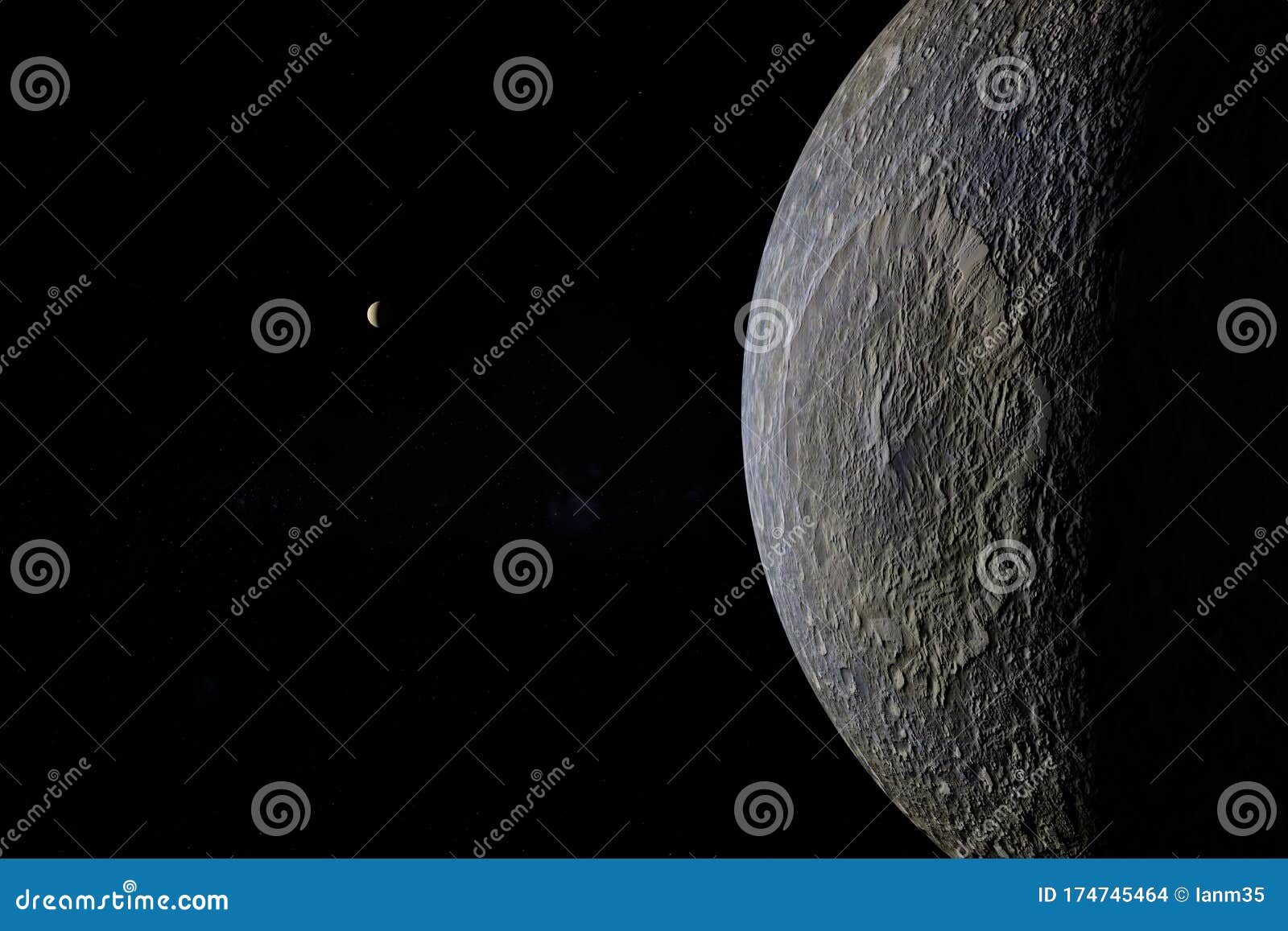 Mimas Surface, Saturn`s Moon, Orbiting in the Outer Space. 3d Render ... Mimas Surface, Saturn`s Moon, Orbiting in the Outer Space. 3d Render ...