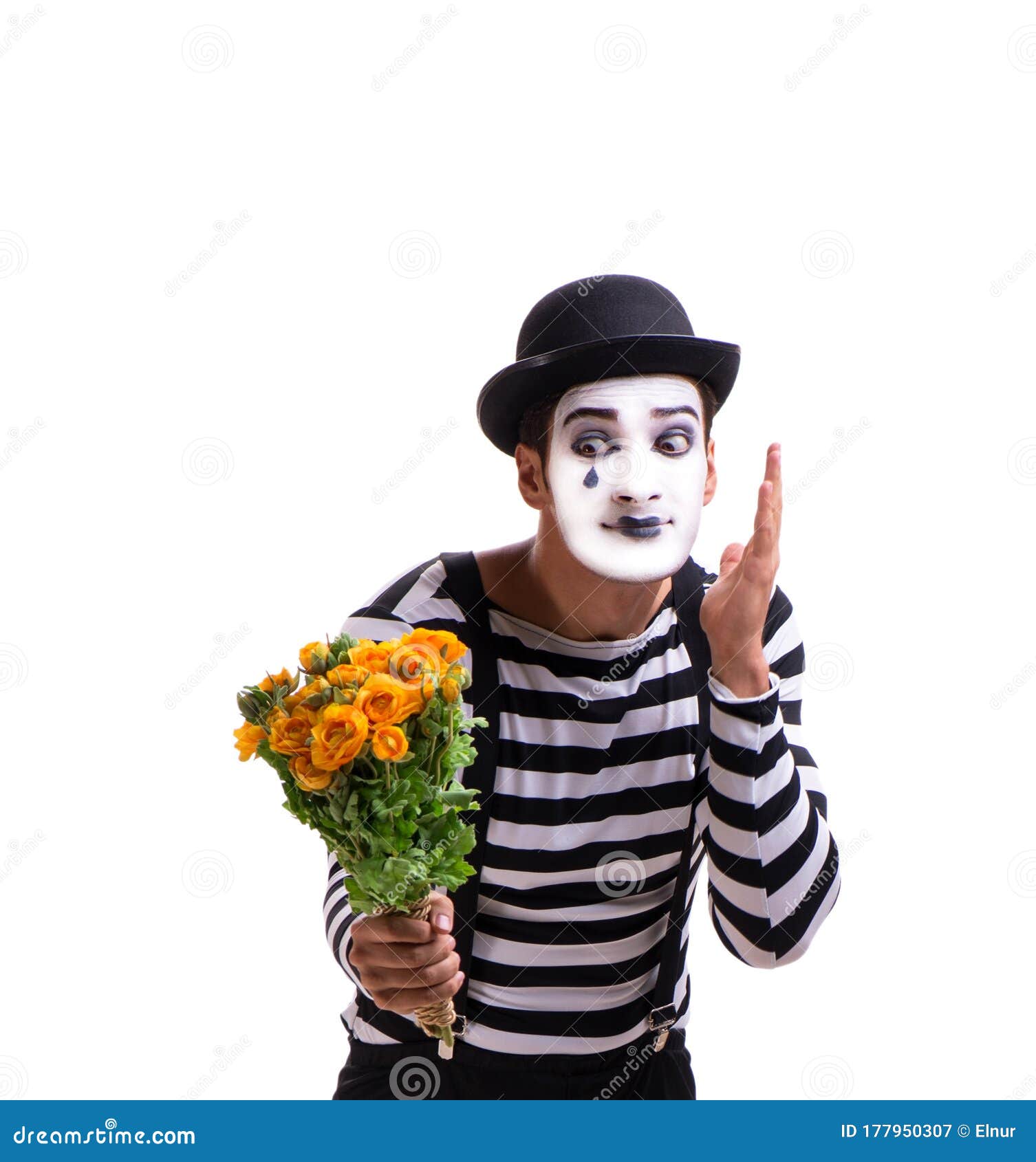 Mime with Bunch of Flowers Isolated on White Stock Image - Image of ...