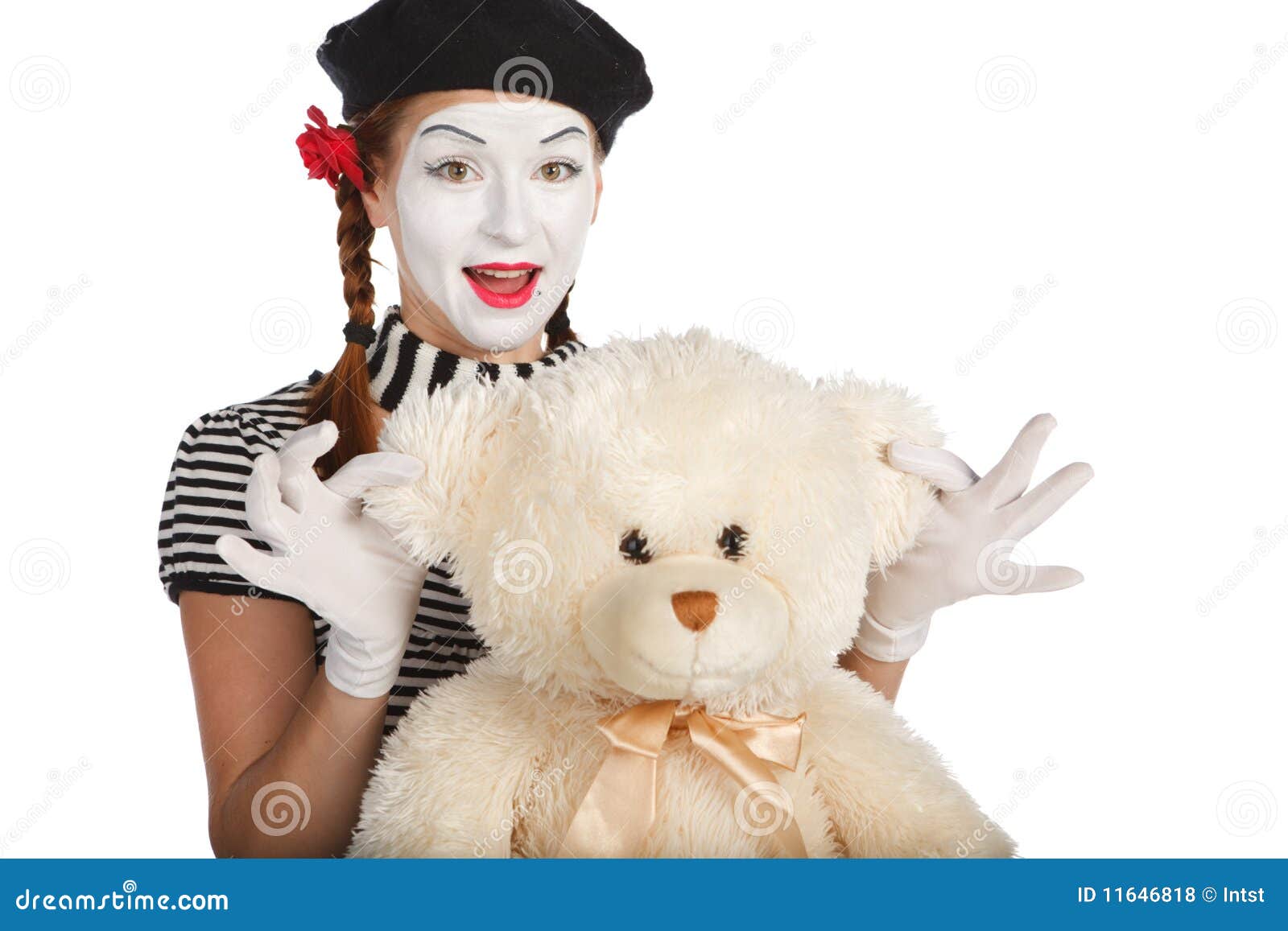 Mime Comedian Playing with Teddy Bear Stock Photo - Image of face ...