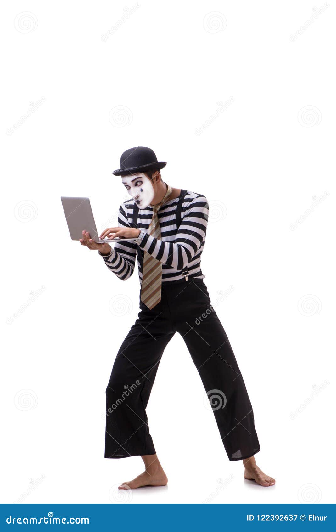 The Mime with Laptop Isolated on White Background Stock Image - Image ...