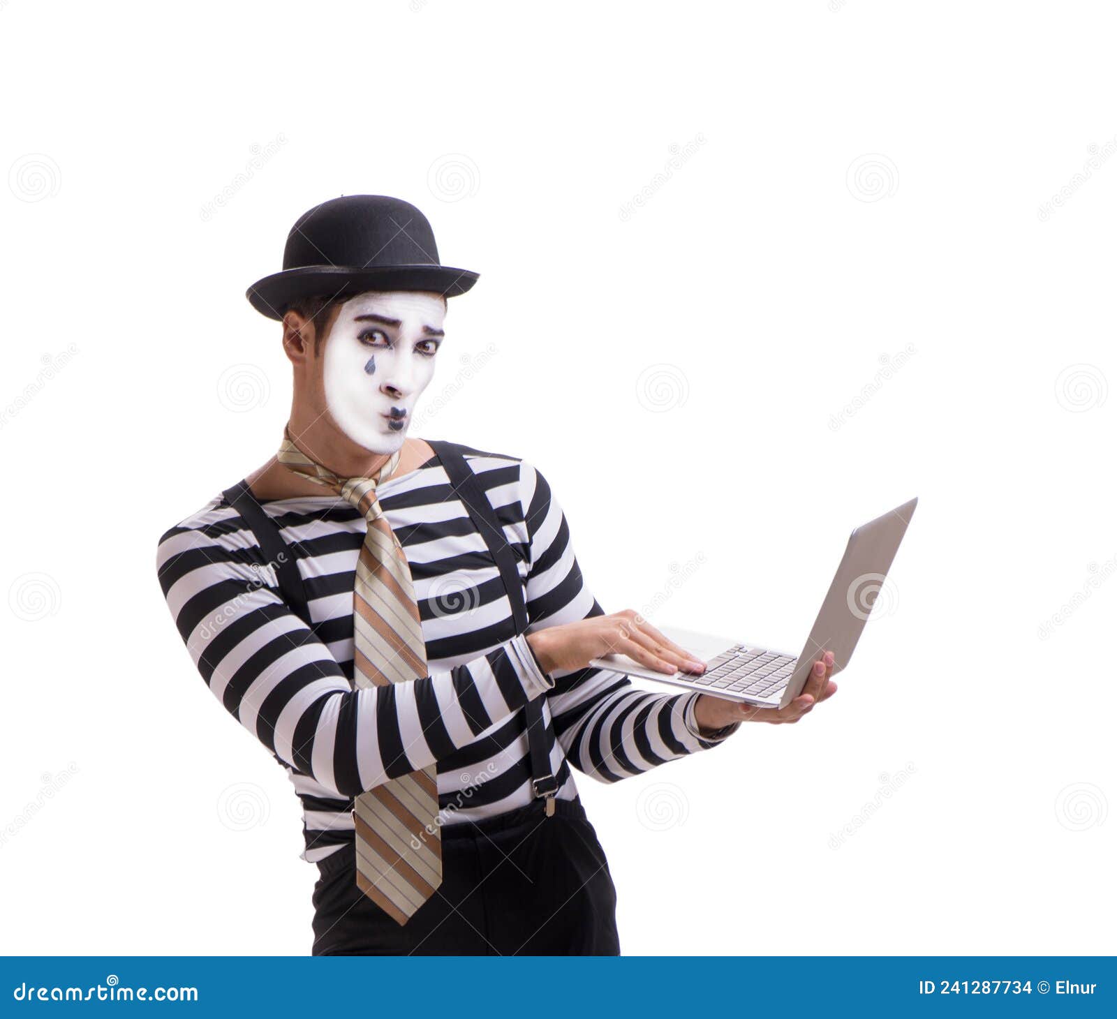 Mime with Laptop Isolated on White Background Stock Photo - Image of ...