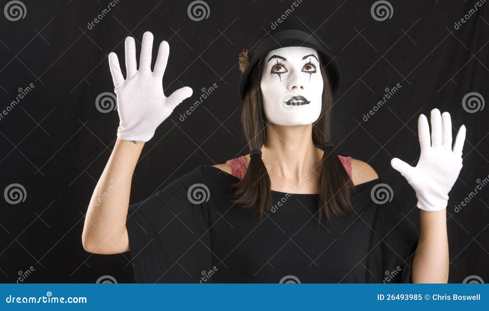 Female Clown Mime Looks Up in White Face Stock Image - Image of gloves ...