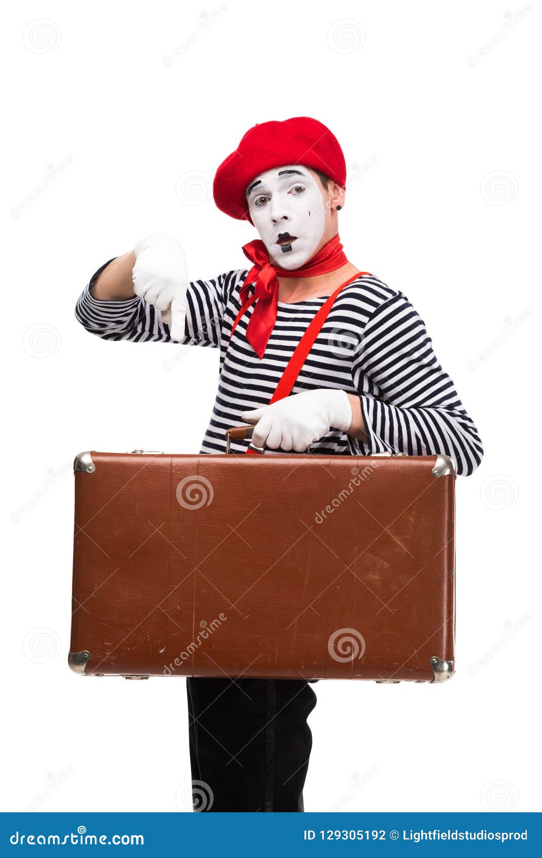 Mime Pointing on Brown Suitcase Stock Photo - Image of handsome ...