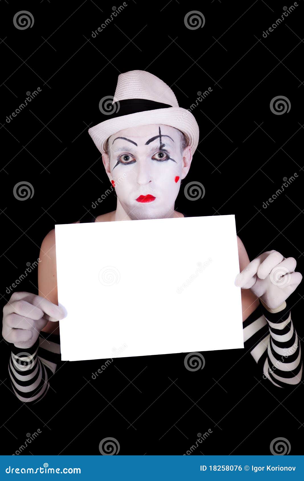 Mime in Striped Gloves Holding White Blank Stock Photo - Image of blank ...