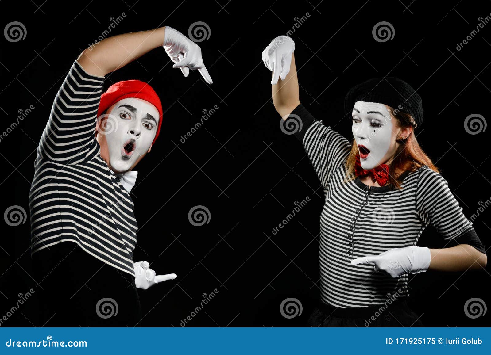 Mimes Points at Something Invisible. Their Faces Express Shock and ...