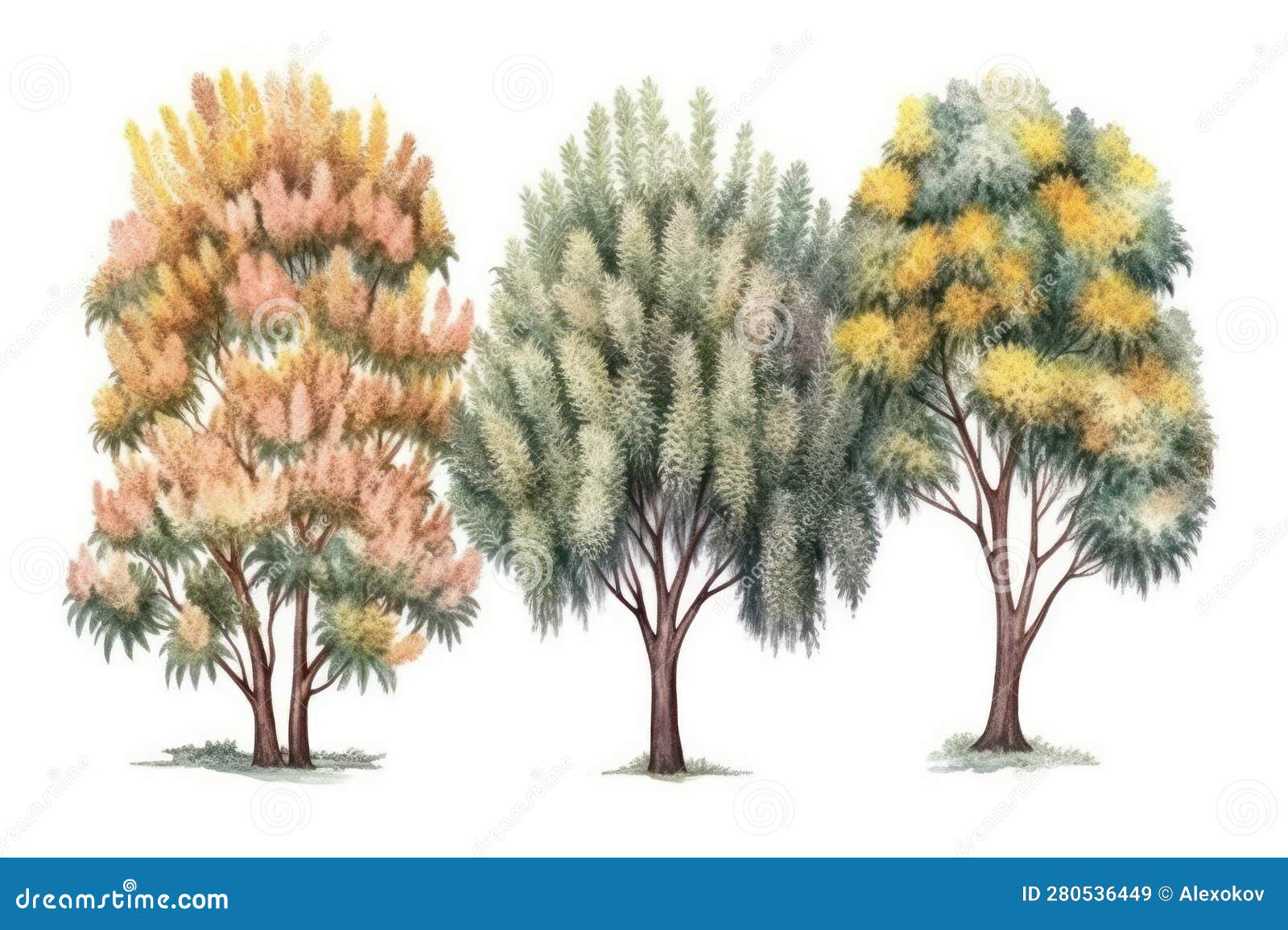 Mimosa Tree Forest: a Collection of Hand-Drawn Watercolor Trees . Stock ...