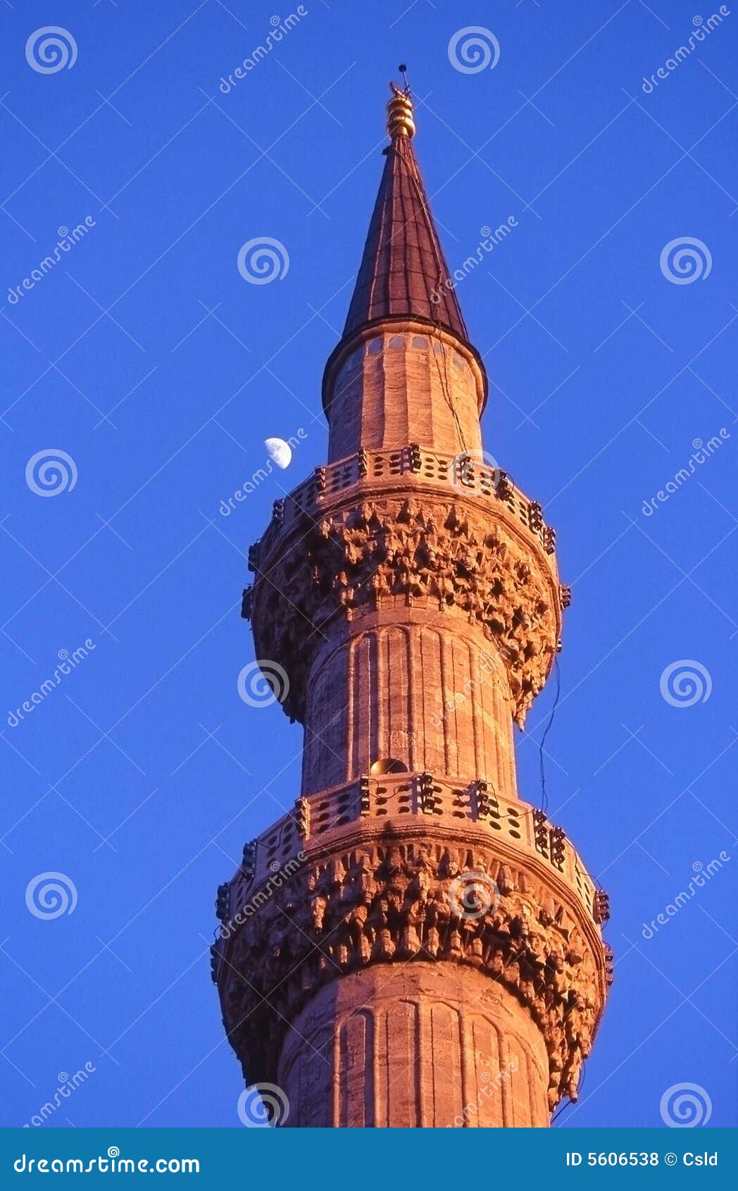 Minaret of the Blue Mosque with the Moon, Istanbul Stock Photo - Image ...
