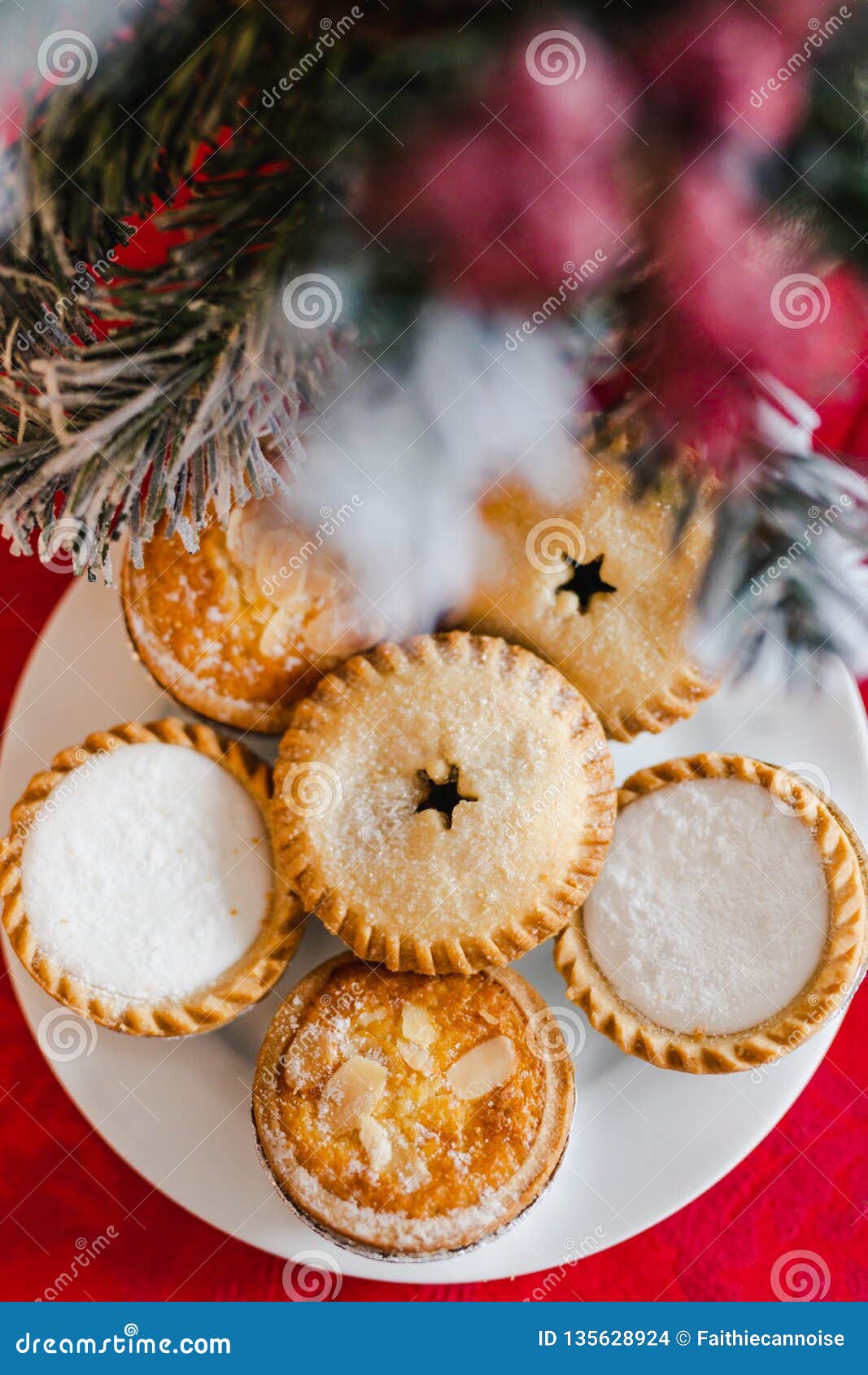 Mince Pies on Christmas Table Setting with Decorations and Tree Stock ...