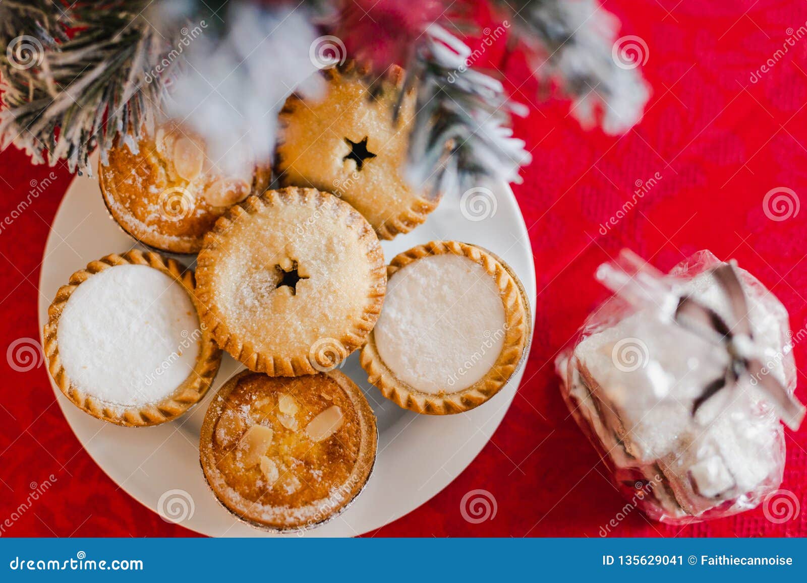 Mince Pies on Christmas Table Setting with Decorations and Tree Stock ...