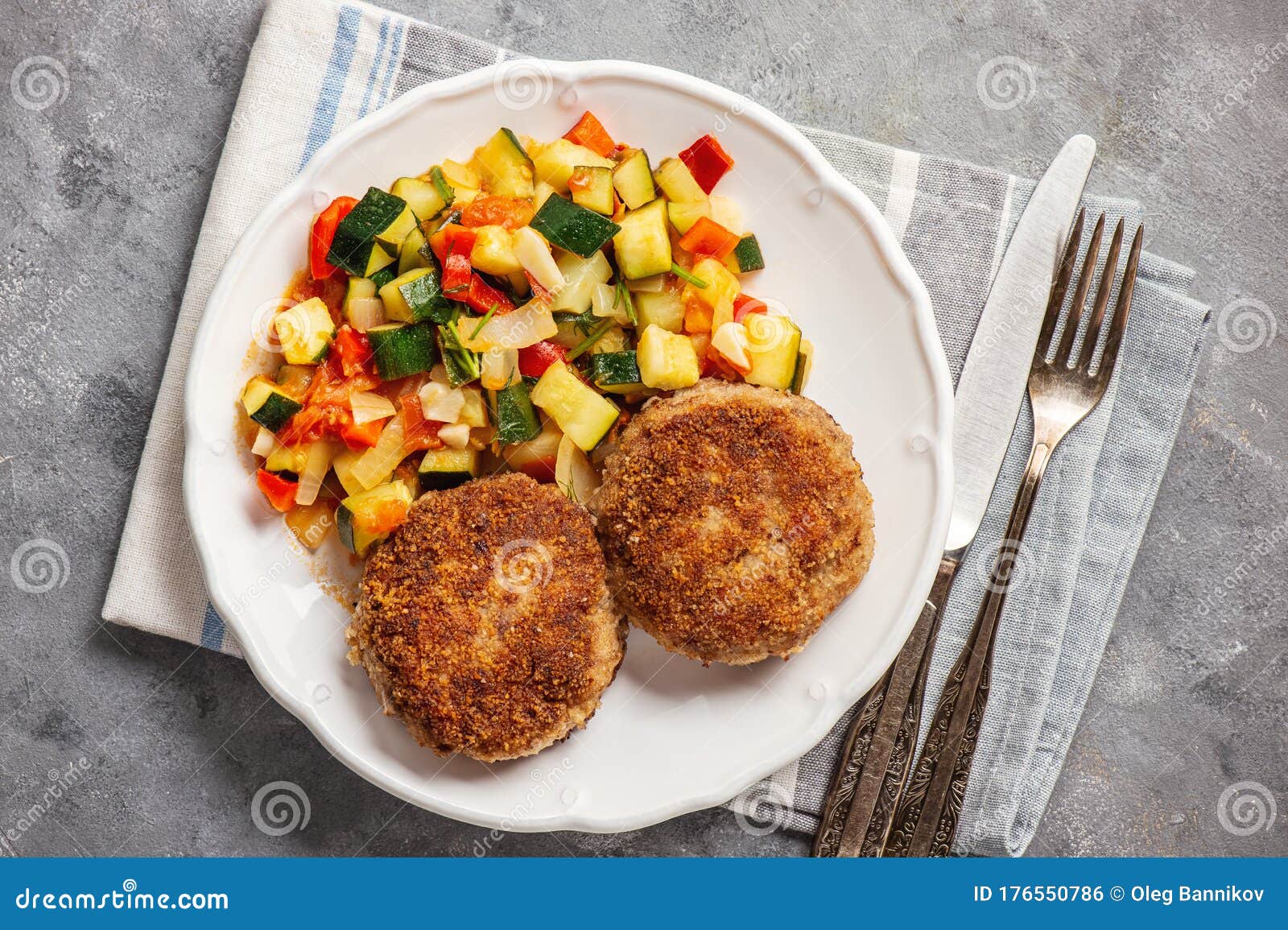 Minced Beef Cutlets Served with and Stewed Vegetables. Stock Photo ...