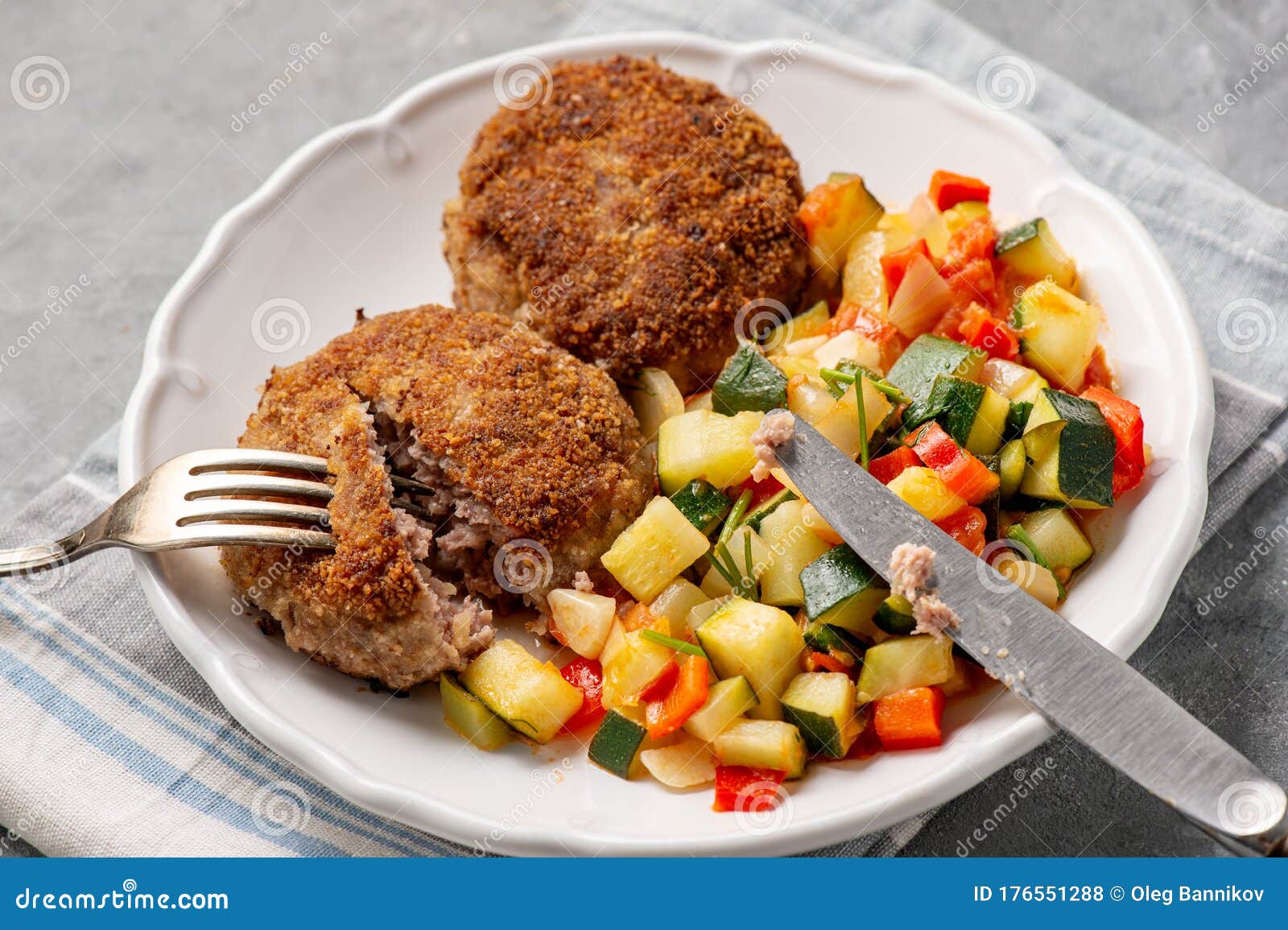 Minced Beef Cutlets Served with and Stewed Vegetables. Stock Photo ...