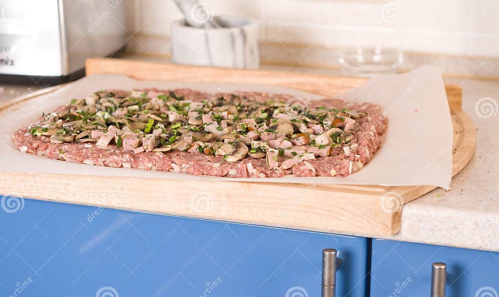 Minced Meat before Rolling Over the Kitchen Stock Photo - Image of herb ...